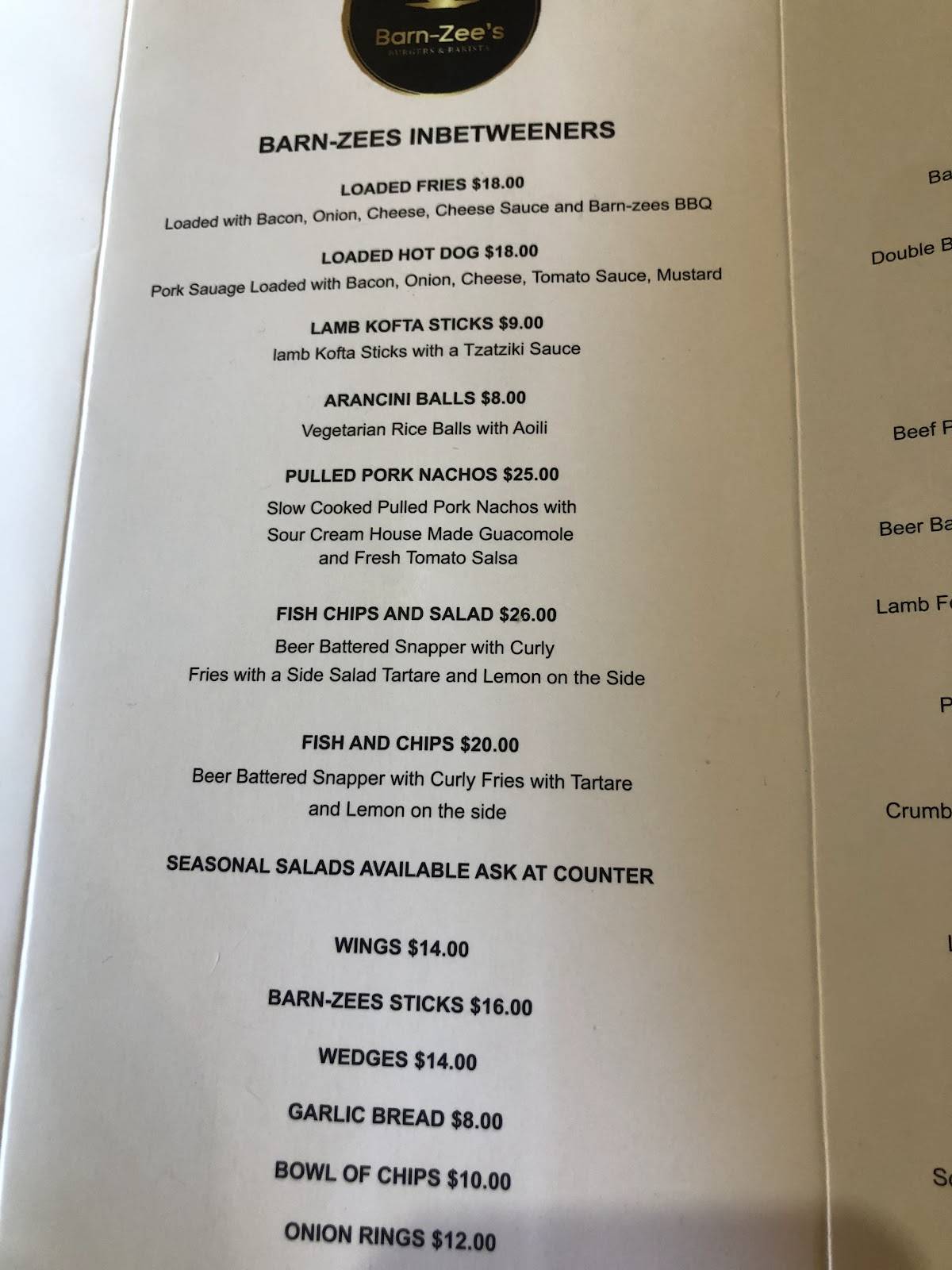 Menu at Barn-Zee's Burgers & Barista, Collie