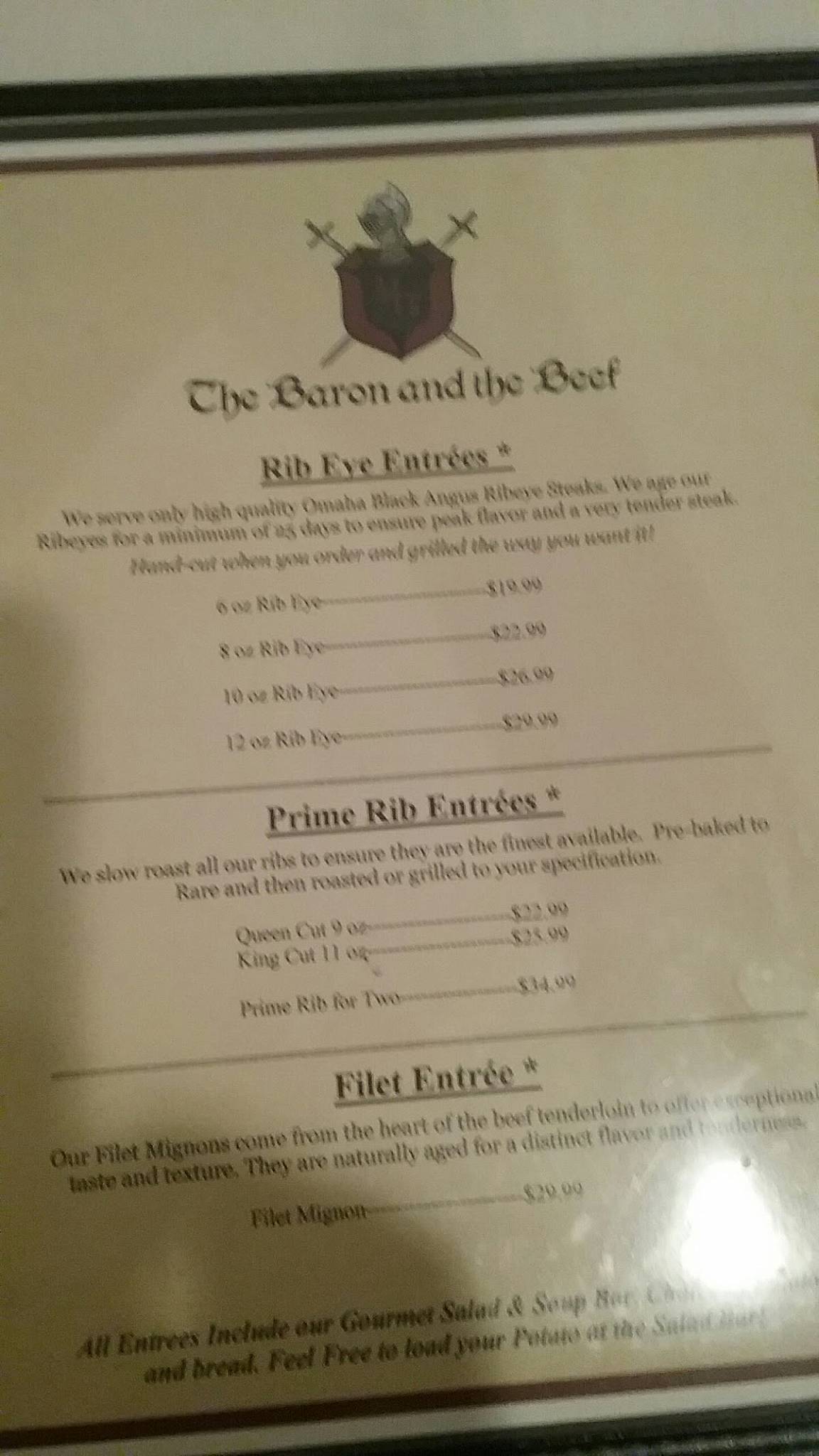 Menu at Baron & the Beef, Kinston, US-70