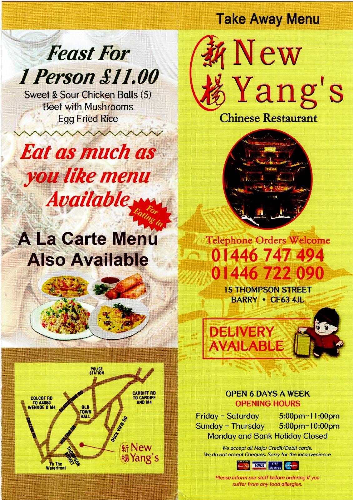 Menu at New Yang's restaurant, Barry, 15 Thompson St