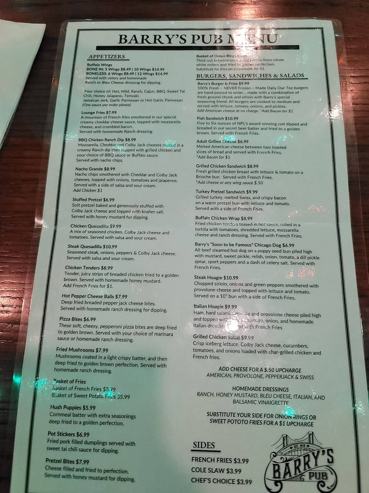 Menu at Barry's Pub, McCandless
