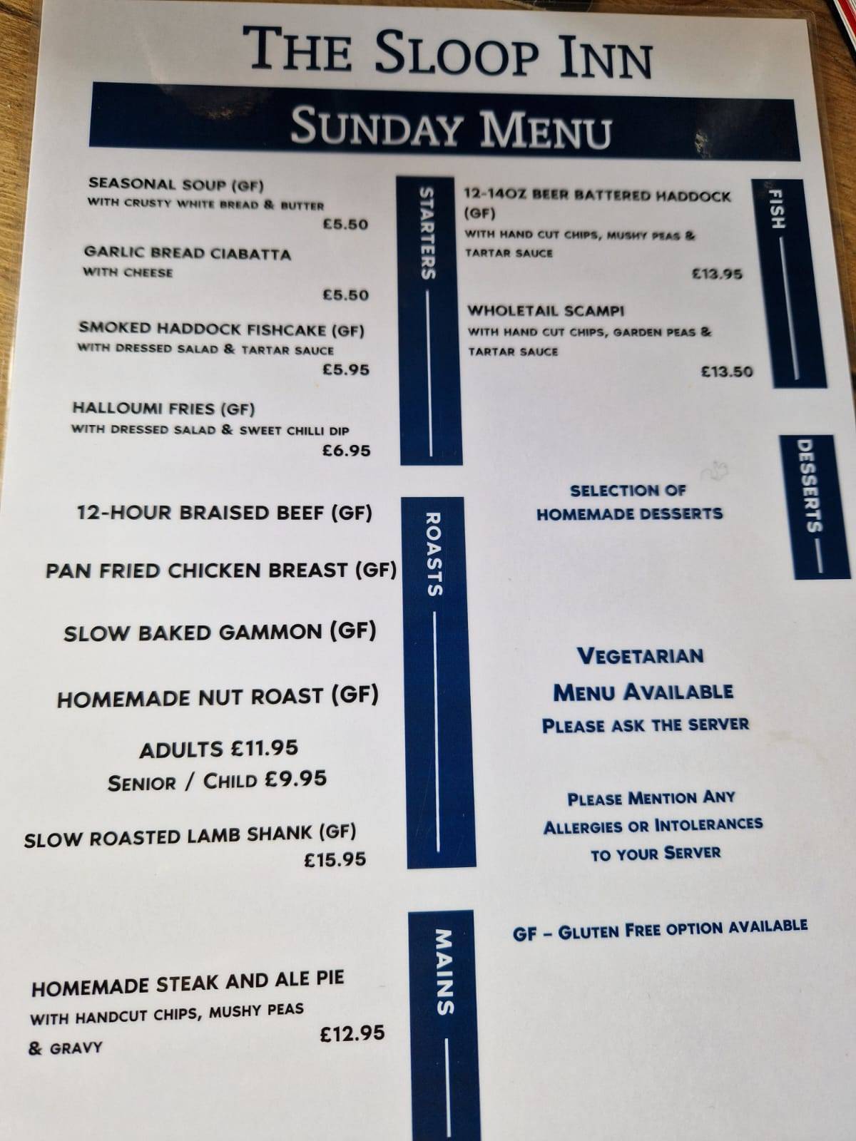 Menu at The Sloop Inn pub & bar, Barton-upon-Humber