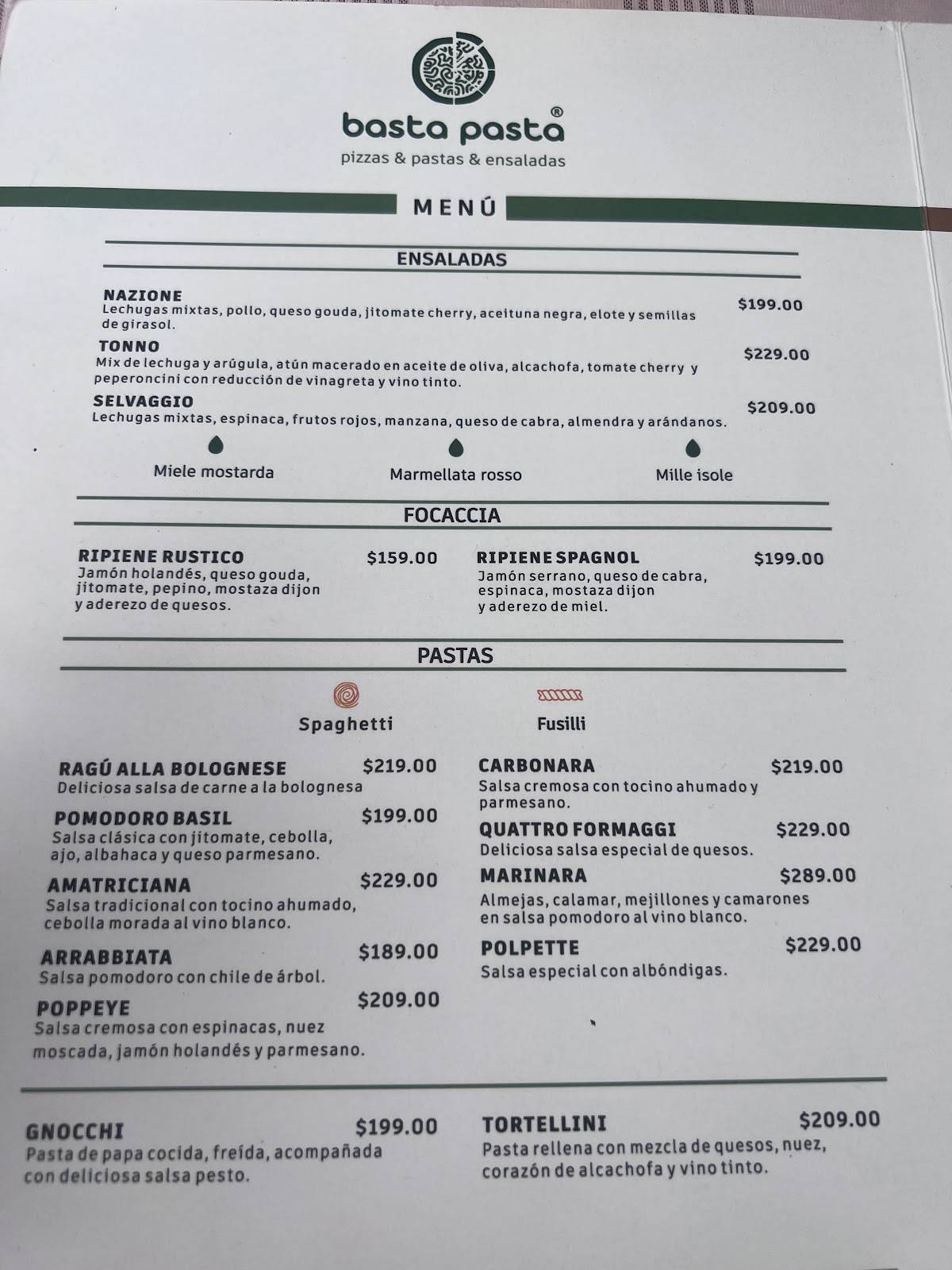 Carta del restaurante Basta Pasta - Galerías Mérida, Merida