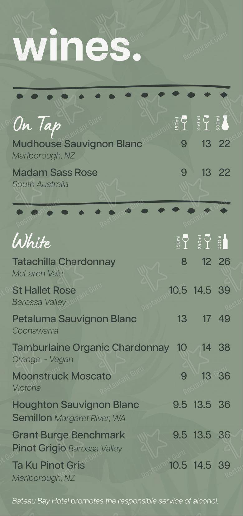 Menu at Bateau Bay Hotel restaurant, Bateau Bay, 65 Lumby Dr