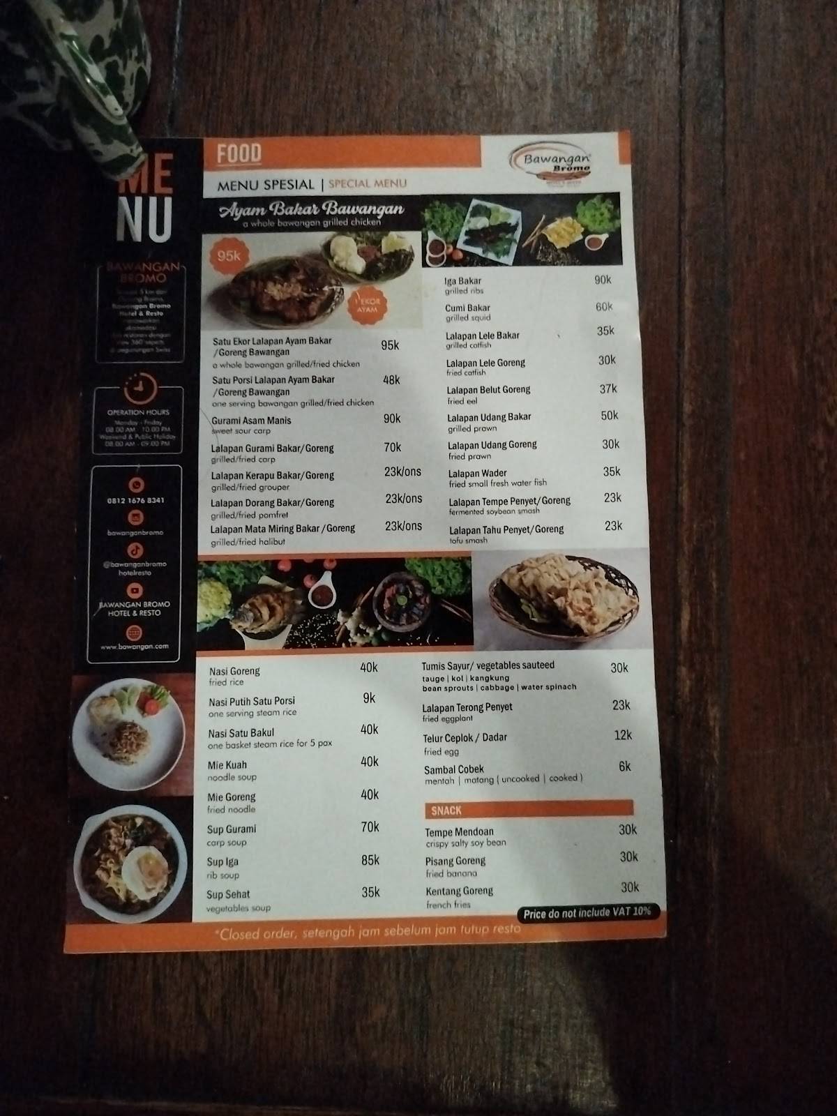 Menu at Bawangan Bromo Hotel & Resto restaurant, Wonokerto