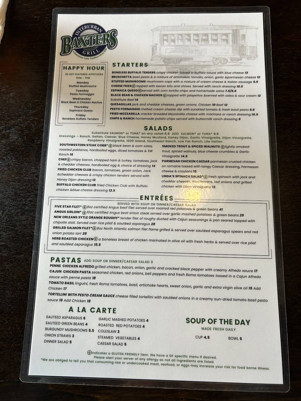 Menu at Baxter's Interurban Grill pub & bar, Tulsa