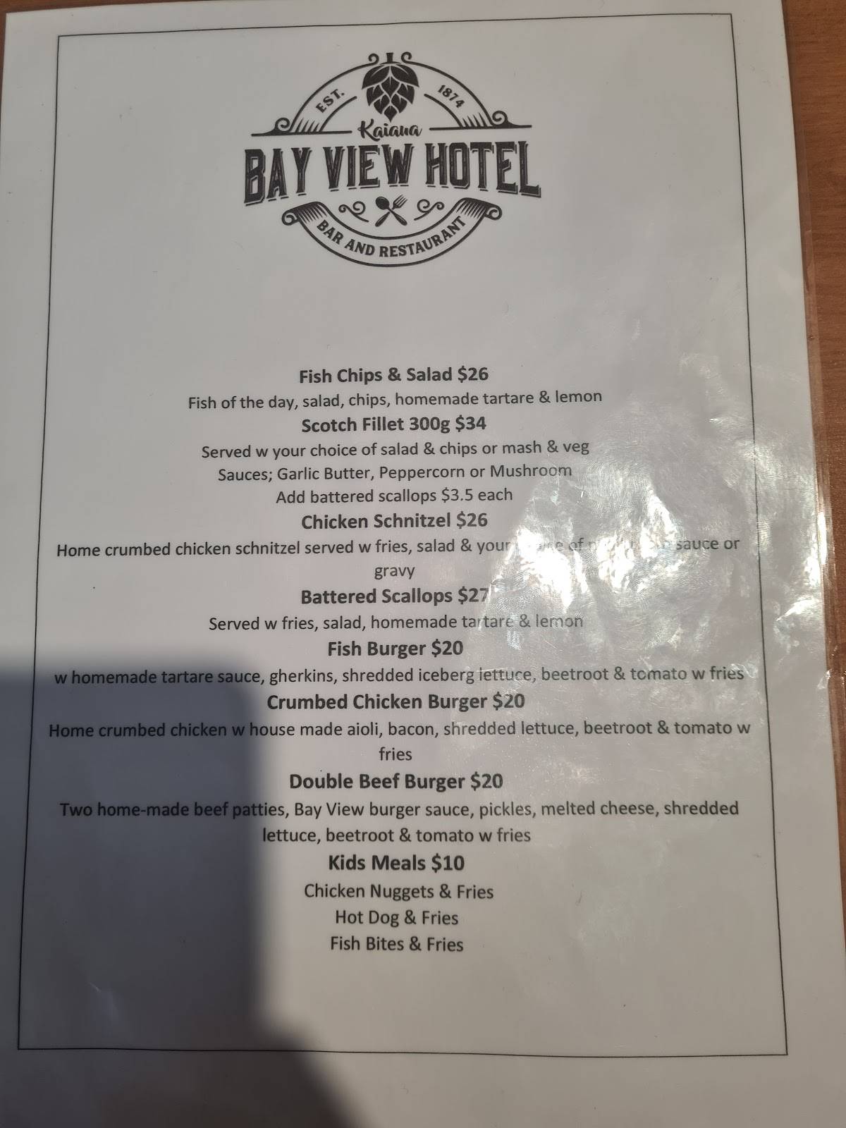 Menu at Bay View Hotel pub & bar, Kaiaua