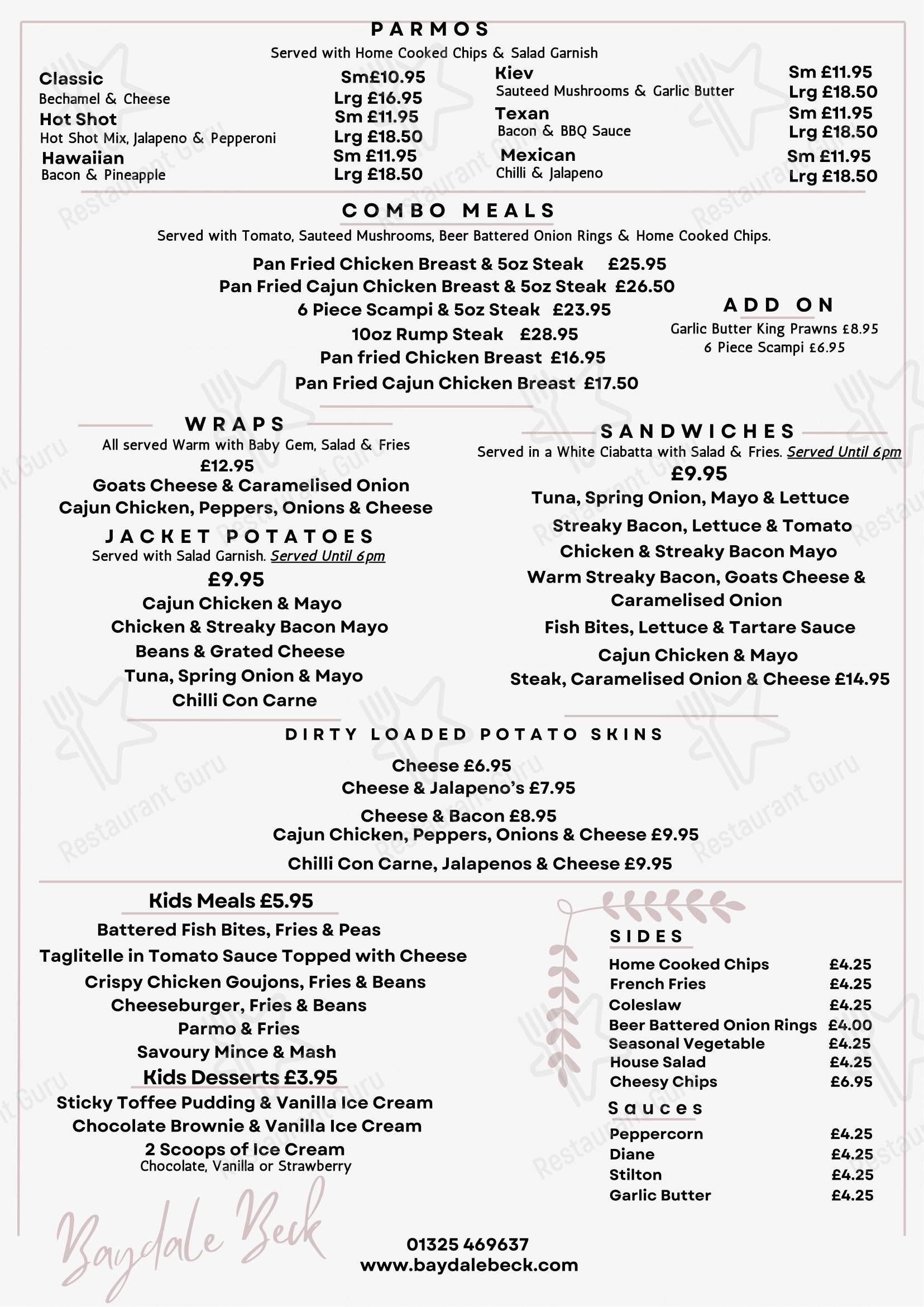 Menu at Baydale Beck Inn pub & bar, Darlington