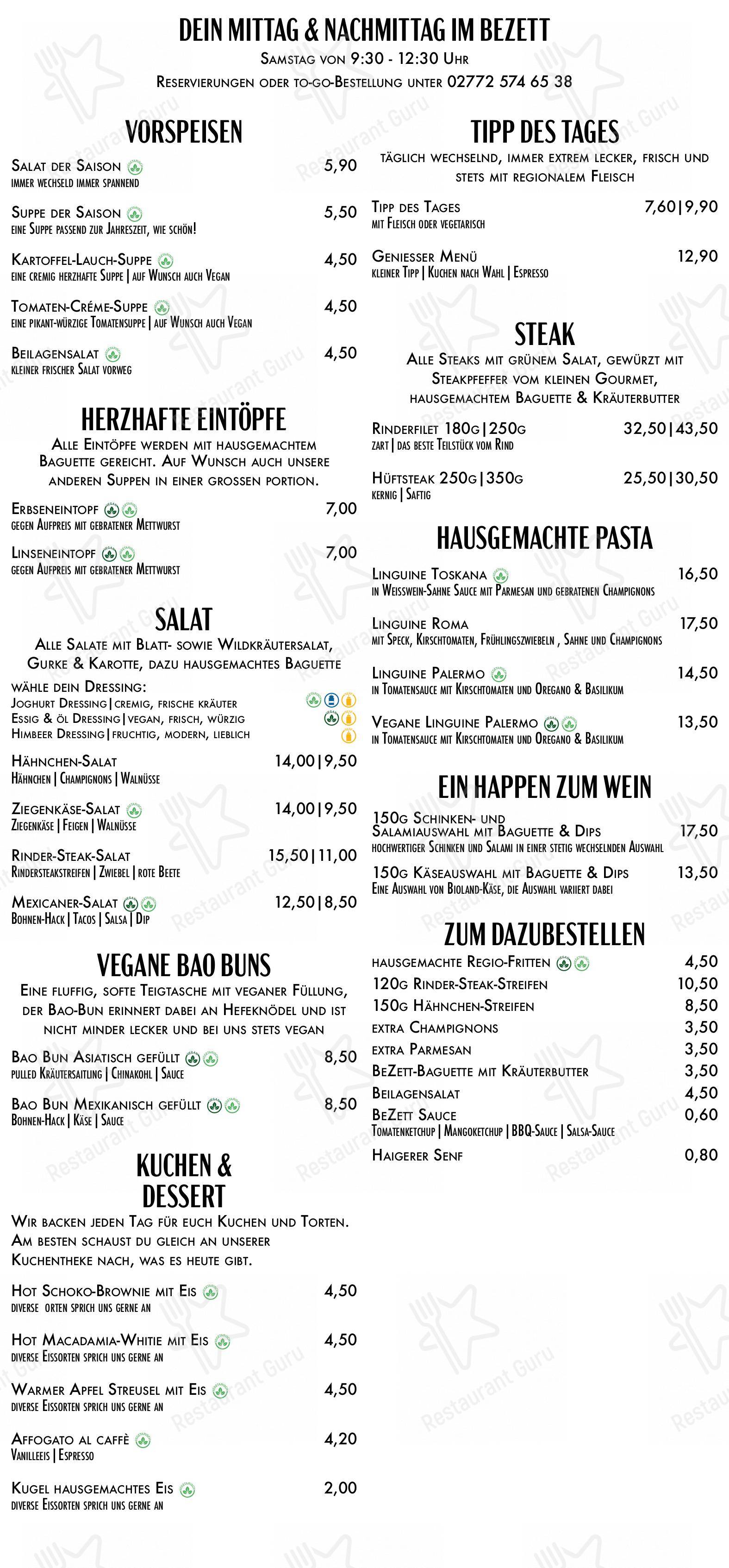 Speisekarte von BeZett restaurant, Sinn
