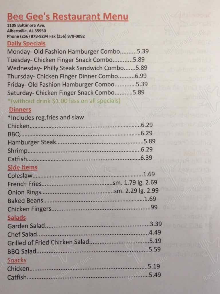 Menu at Bee-Gee's restaurant, Albertville