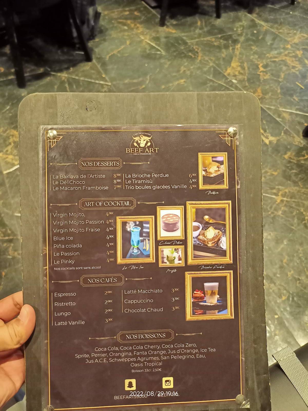 Menu au Beef Art restaurant, Lille