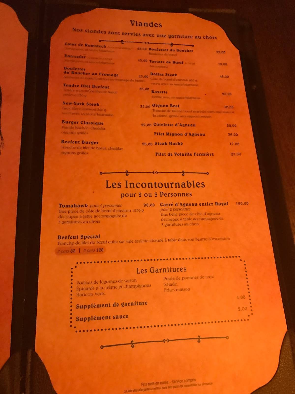 Menu au Beef Cut restaurant à viande, Courbevoie