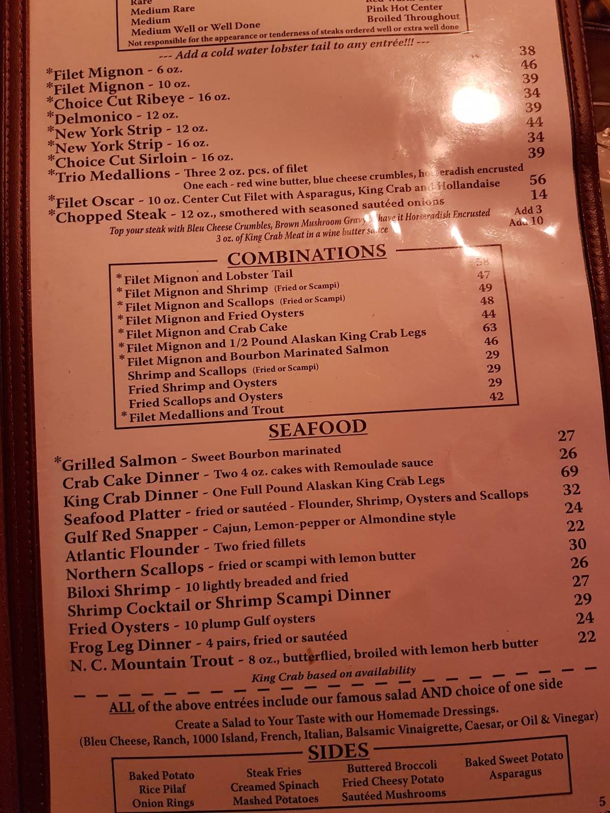 Menu at Beef 'N Bottle Steakhouse, Charlotte