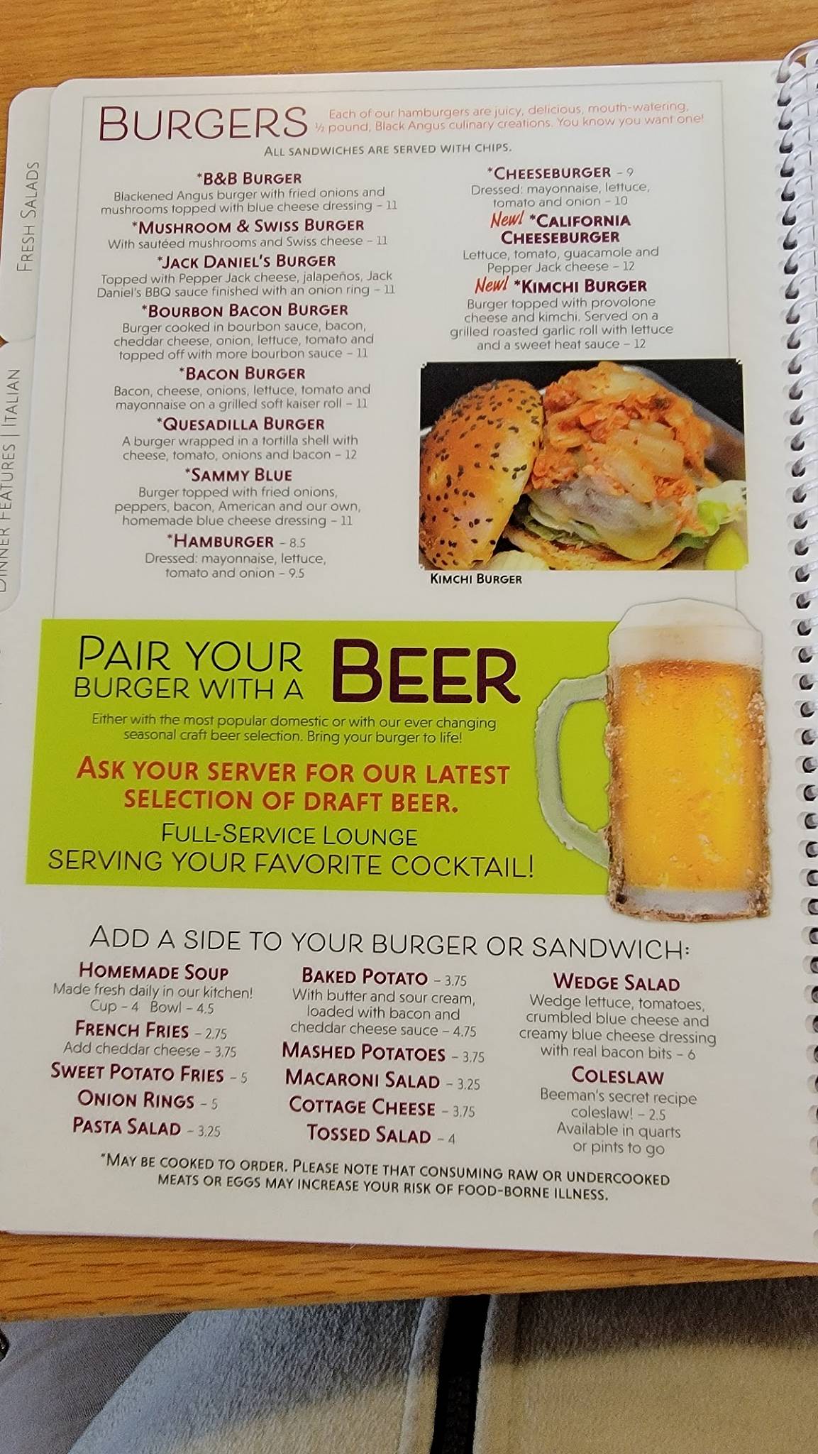 Menu at Beeman's restaurant, Sayre