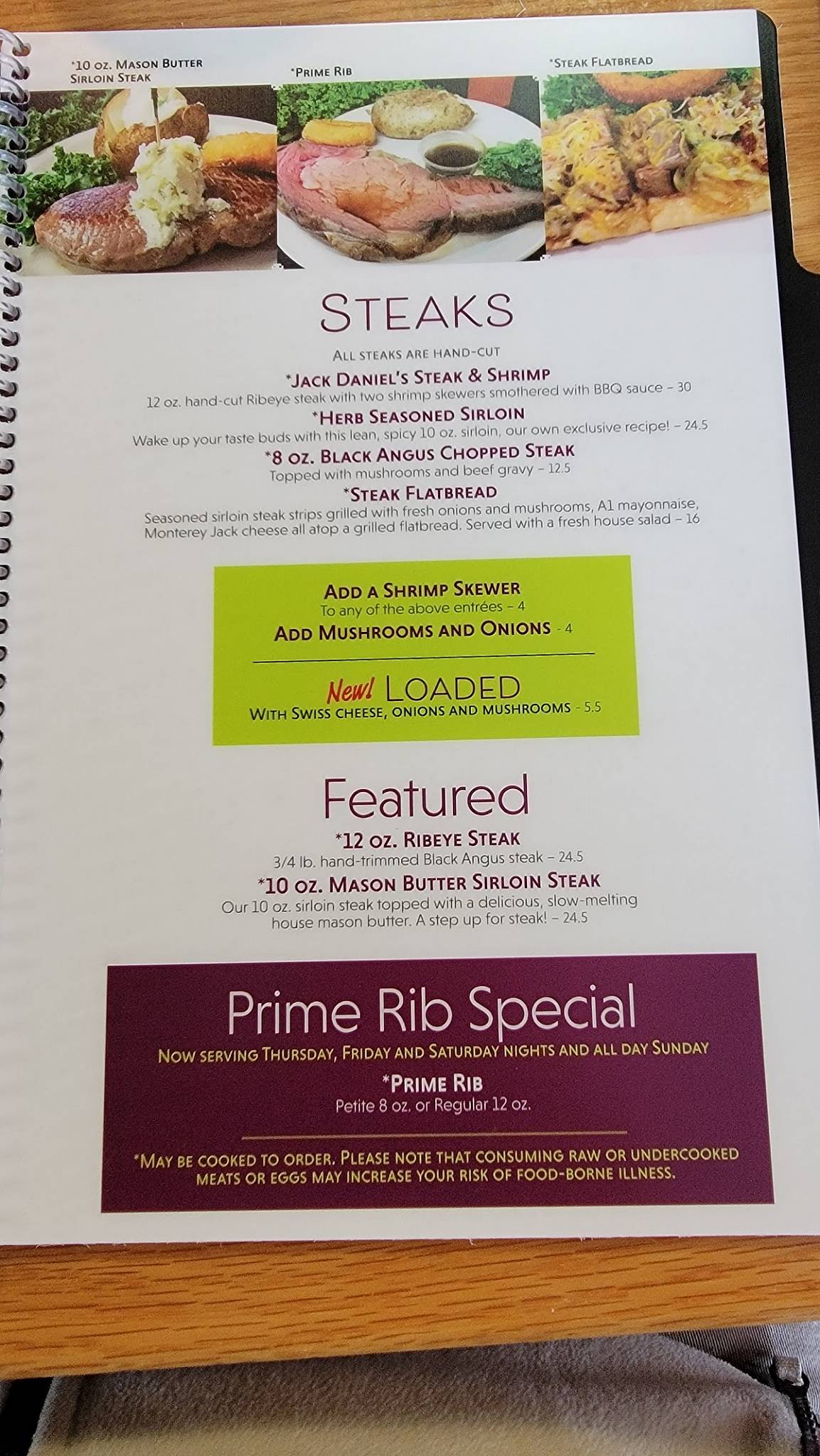 Menu at Beeman's restaurant, Sayre
