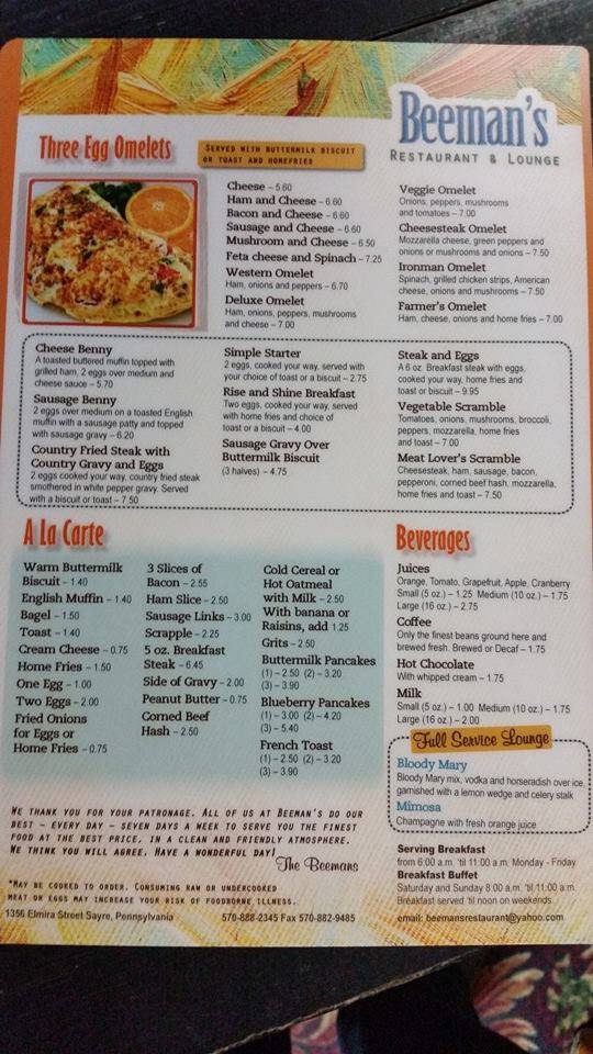 Menu at Beeman's restaurant, Sayre