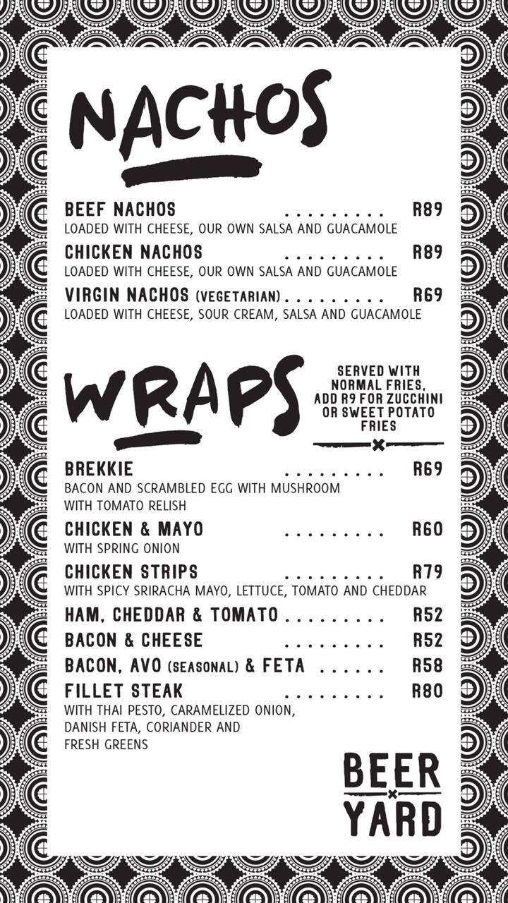 Menu at Beer Yard pub & bar, Port Elizabeth