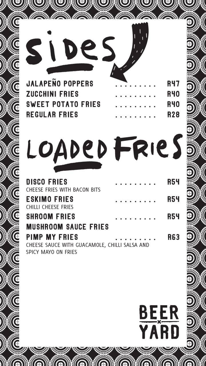 Menu at Beer Yard pub & bar, Port Elizabeth