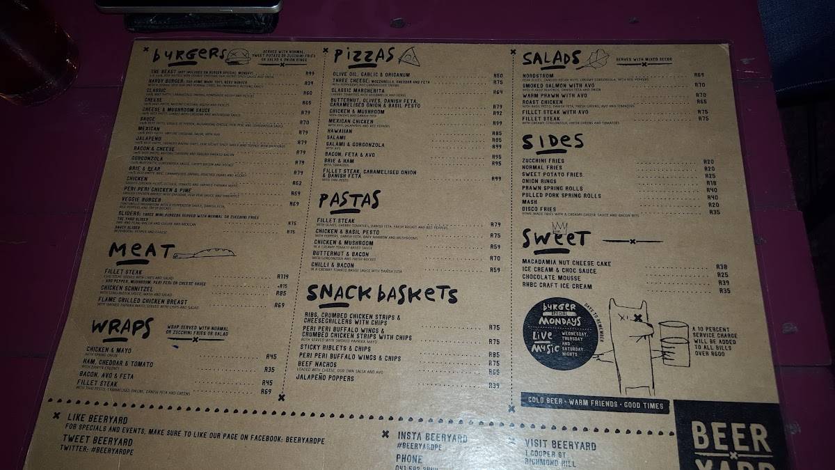 Menu at Beer Yard pub & bar, Port Elizabeth