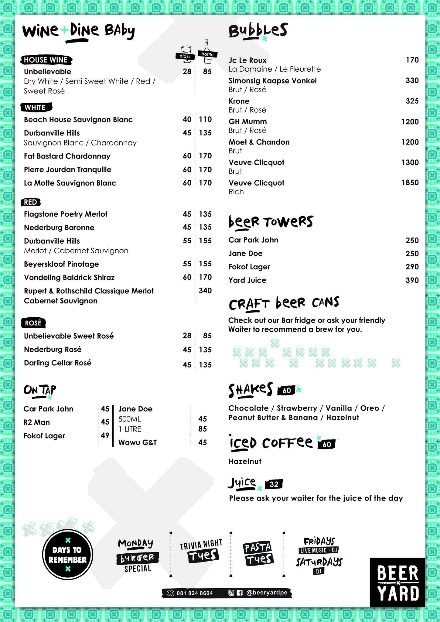 Menu at Beer Yard pub & bar, Port Elizabeth