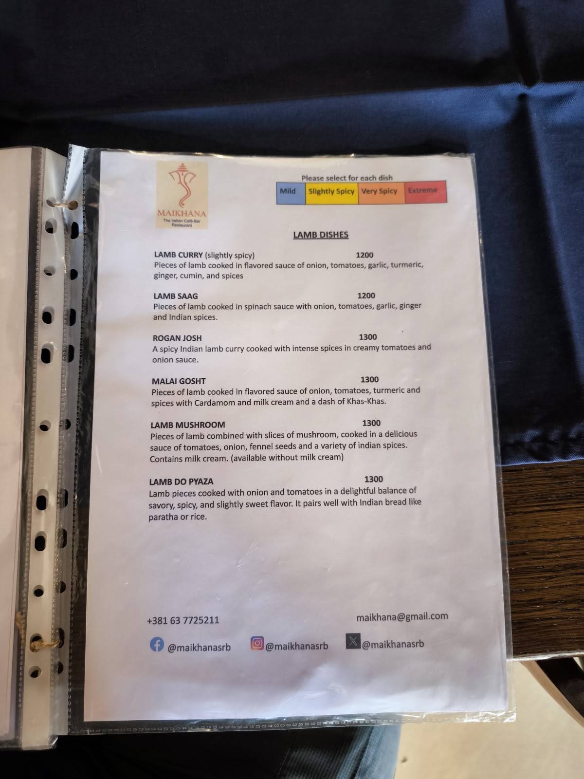 Menu at Maikhana The Indian cafe bar restaurant, Belgrade