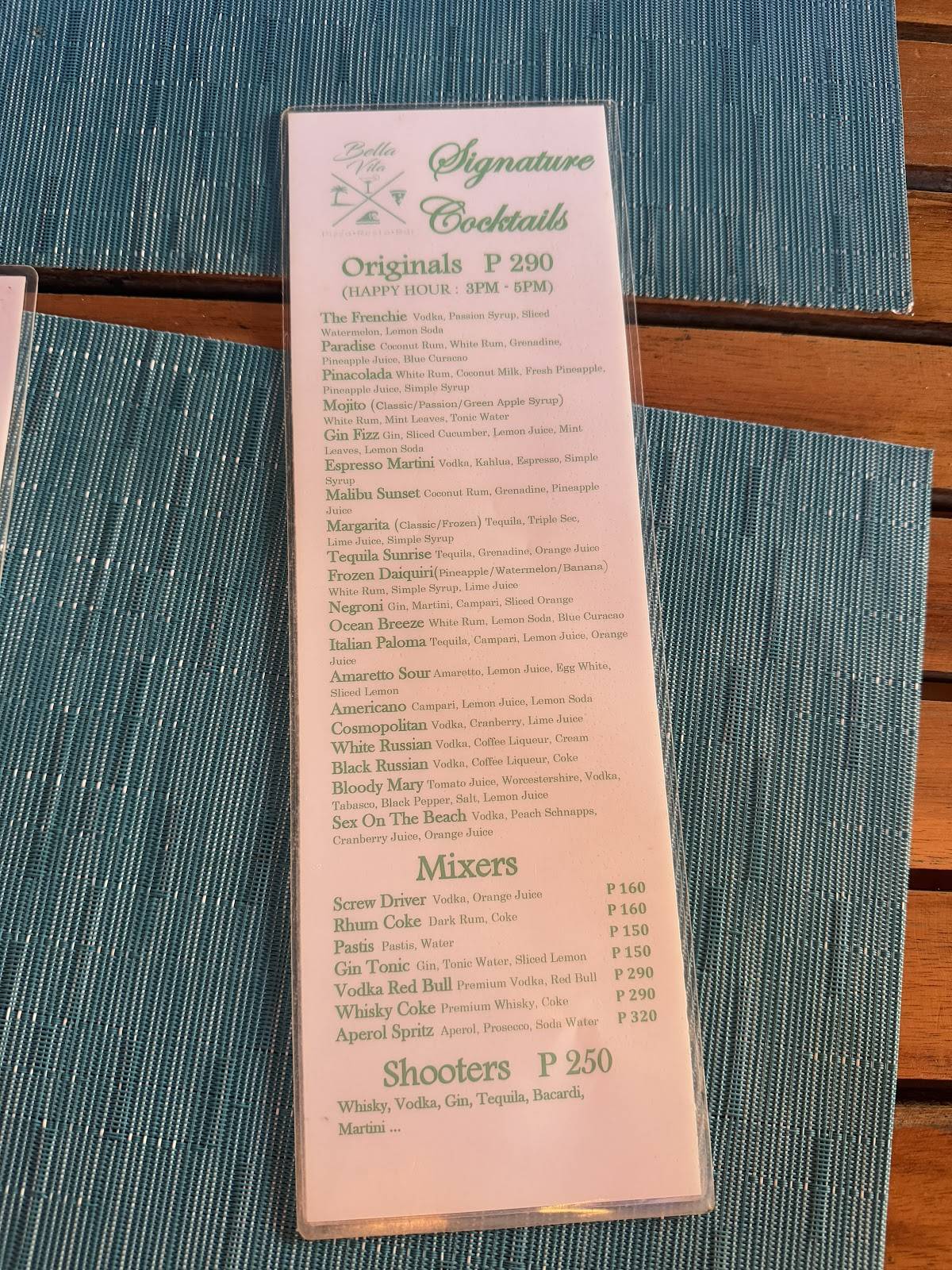 Menu at Bella Vita pizzeria, El Nido, Corong Corong Beach