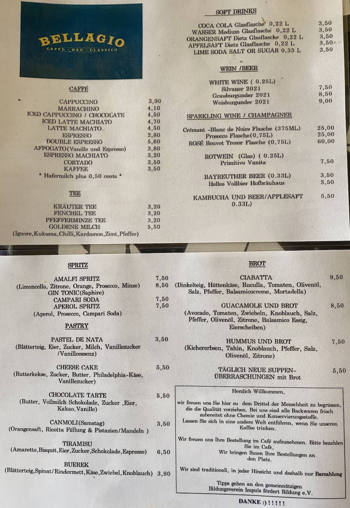 Menu at Bellagio( Cafe, bar and snacks), Bad Kissingen