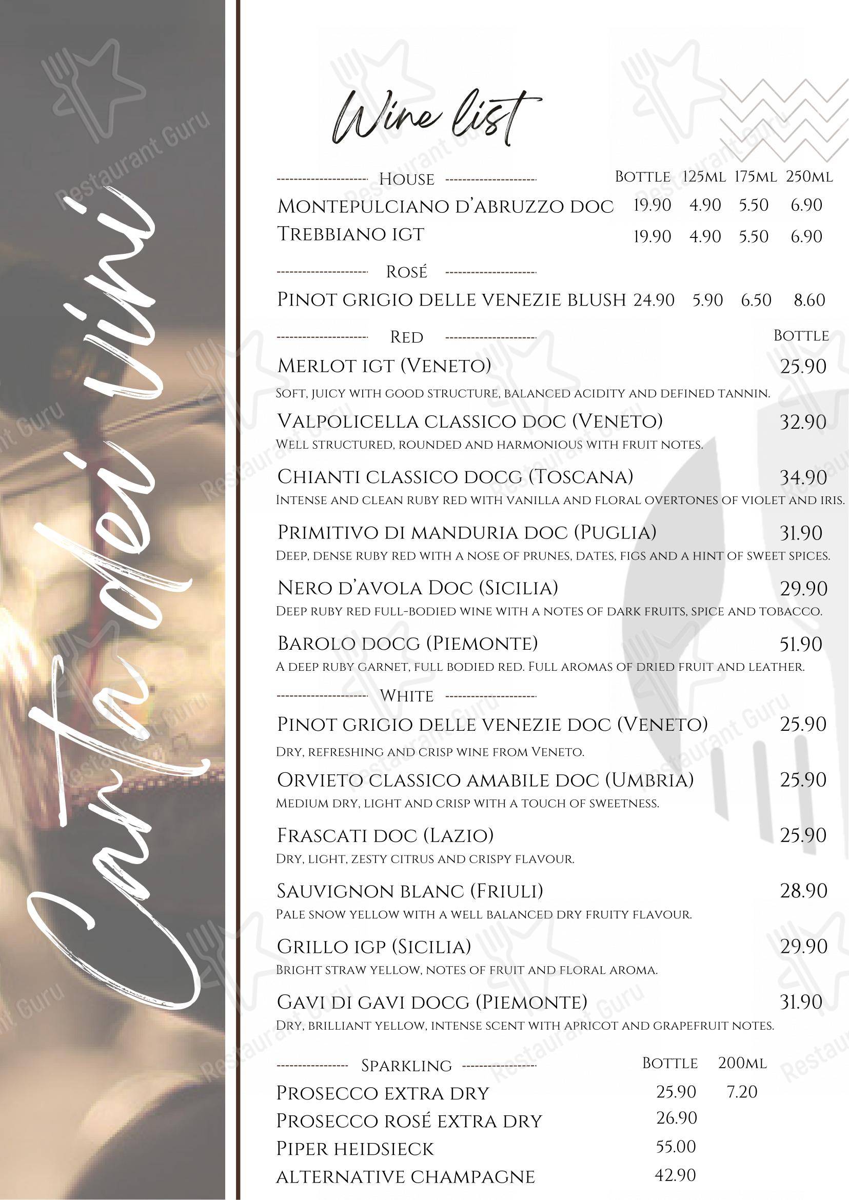 Menu at Bellini Italian restaurant, Mandurah