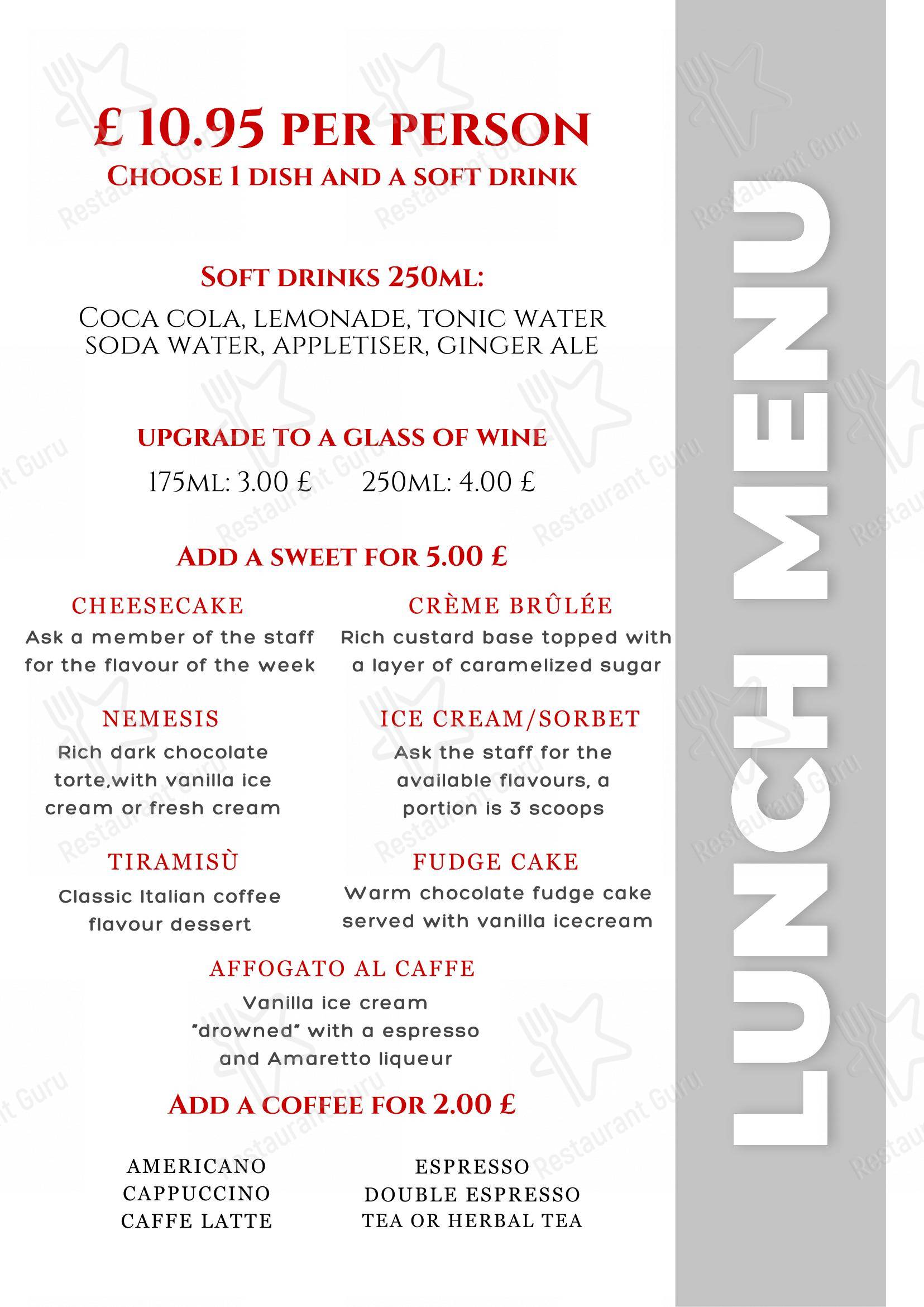 Menu at Bellini Italian restaurant, Mandurah