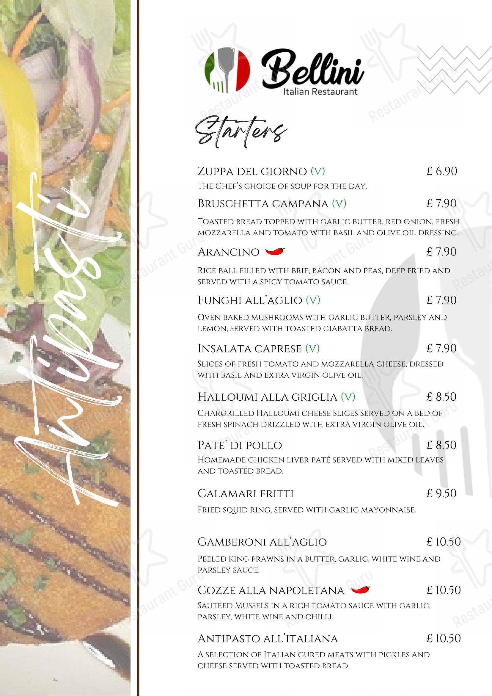 Menu at Bellini Italian restaurant, Mandurah