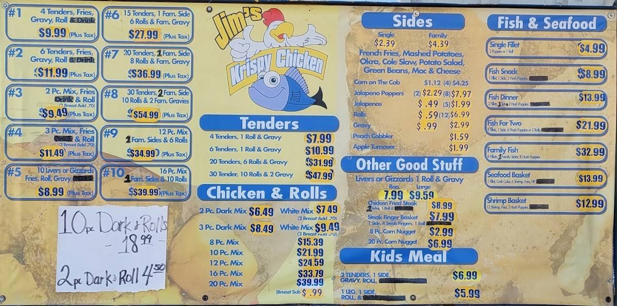 Menu at Jim's Krispy Fried Chicken restaurant, Bellmead