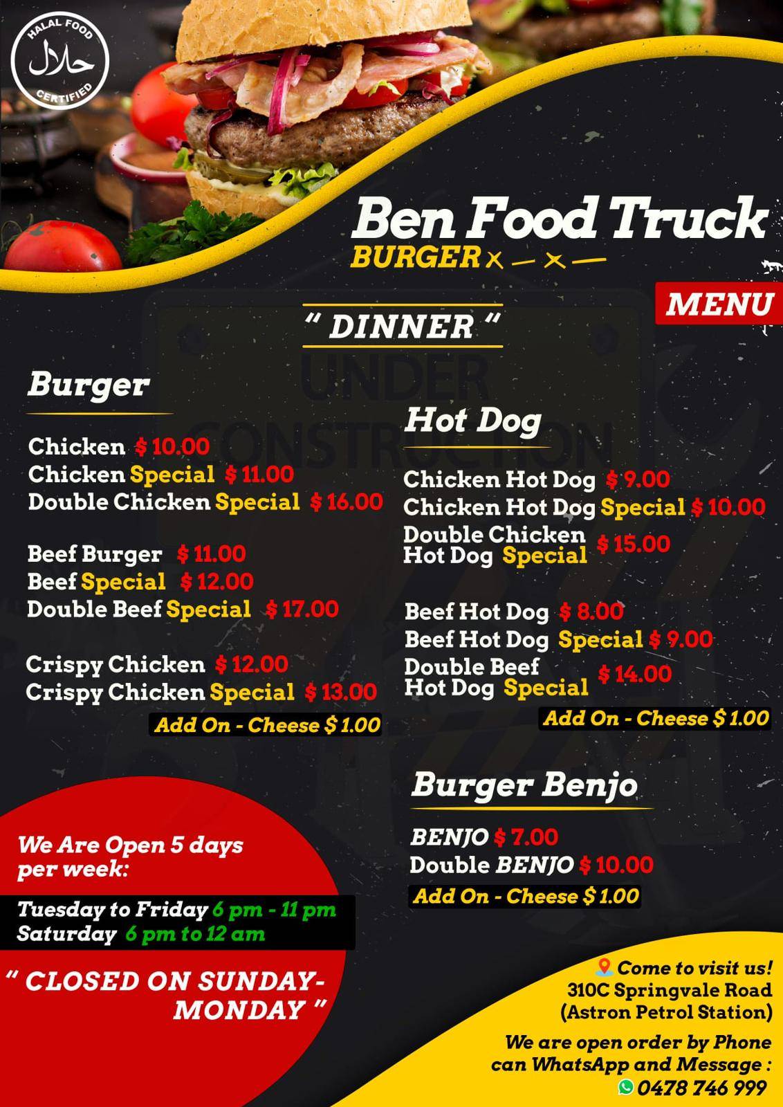 Menu at Ben Burger Springvale restaurant, Springvale