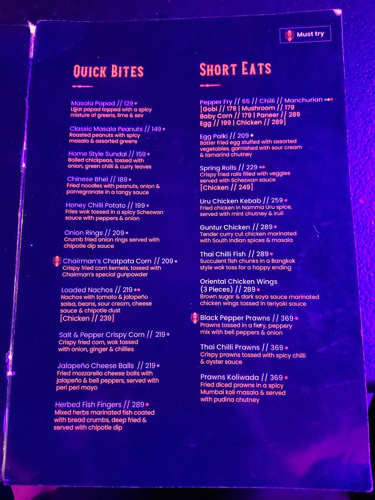 Menu at Chairman's Restobar, Bengaluru
