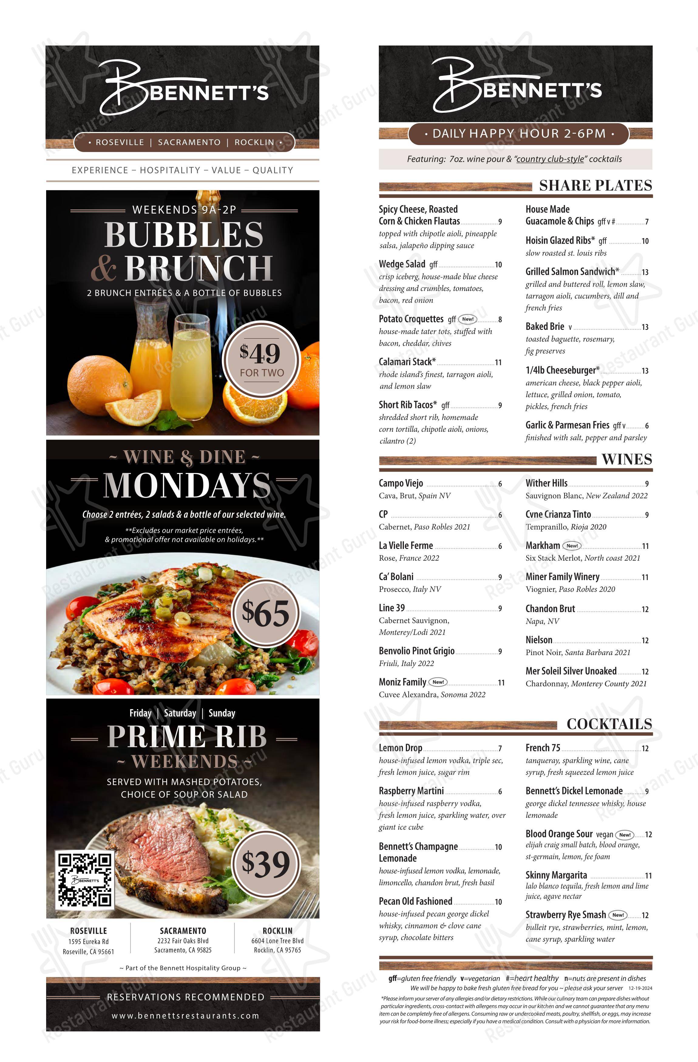 Menu at Bennett's Kitchen Bar Market, Roseville