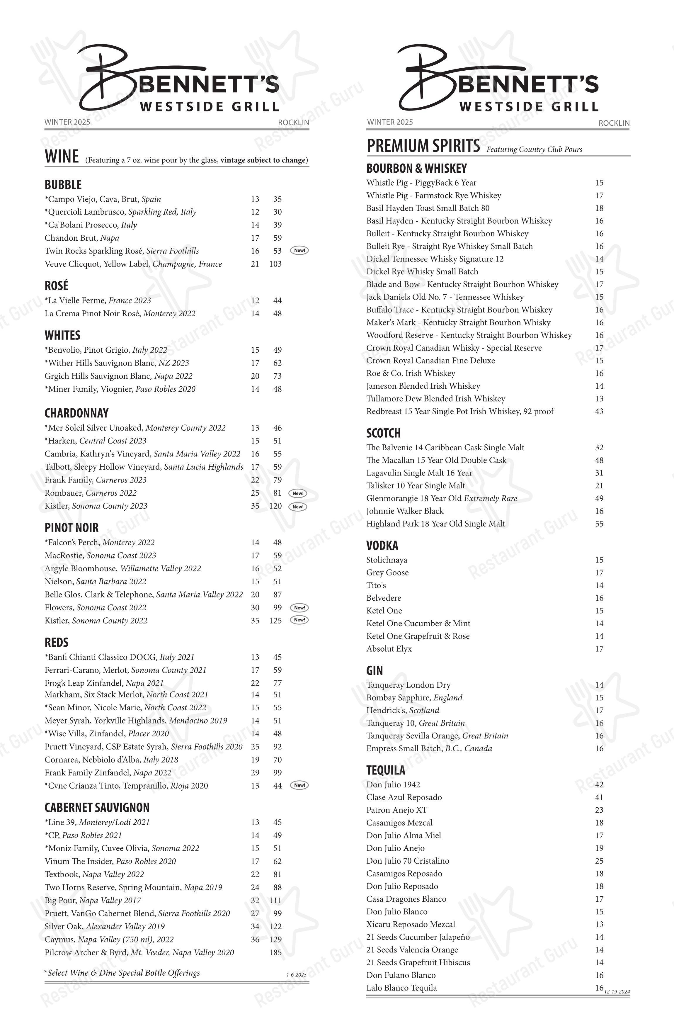 Menu at Bennett's Kitchen Bar Market, Roseville