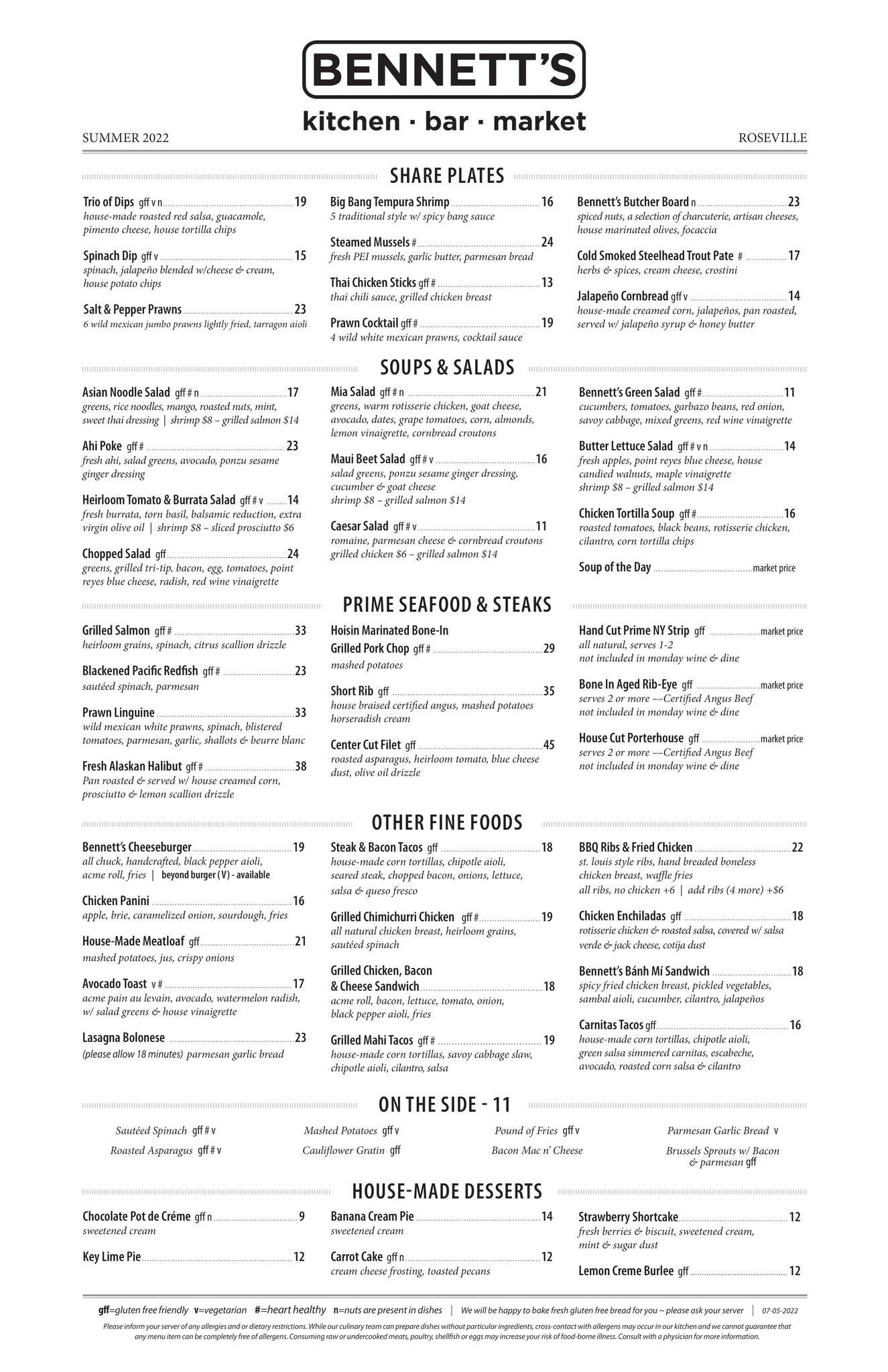 Menu at Bennett's Kitchen Bar Market, Roseville