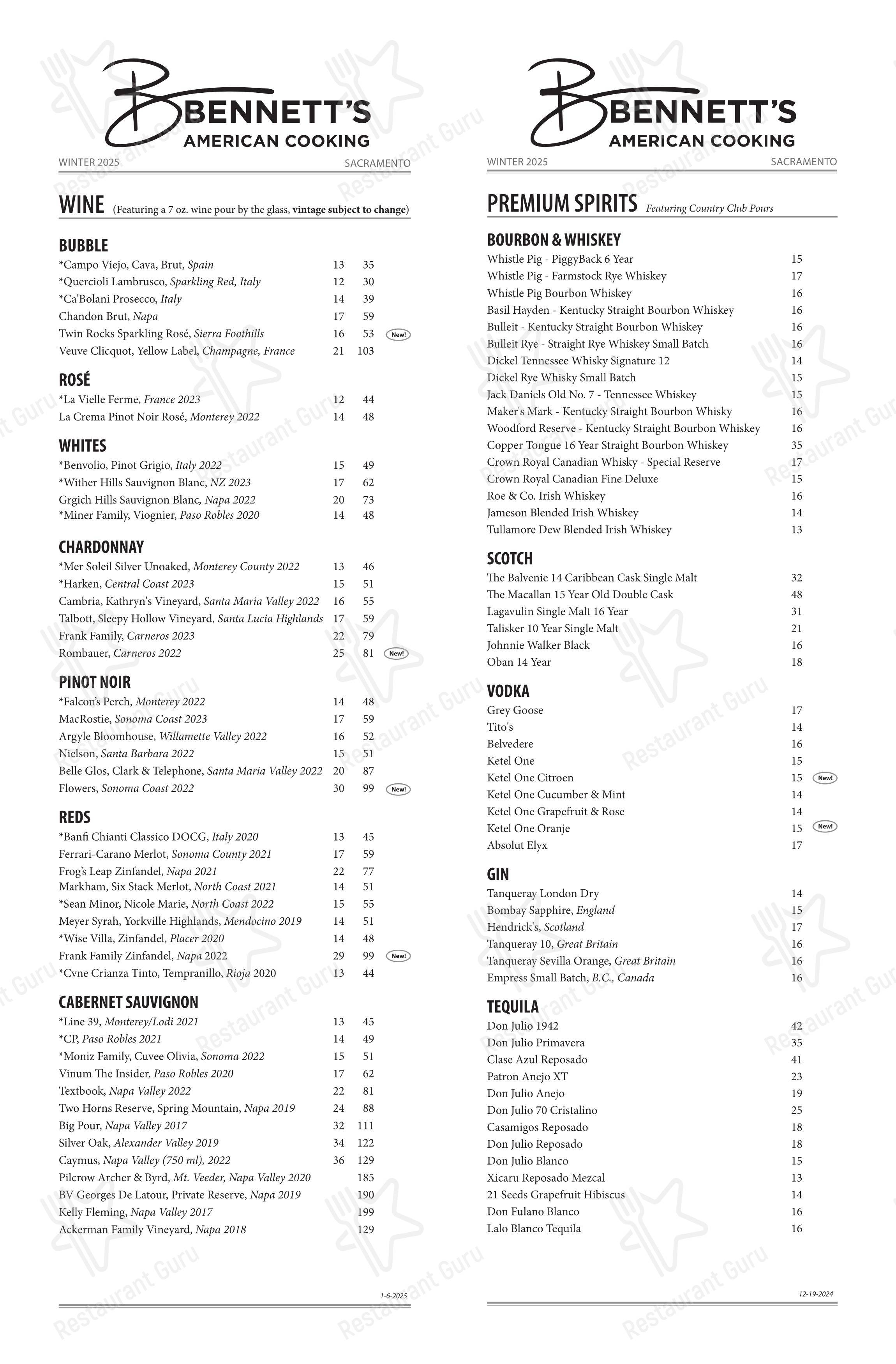 Menu at Bennett's Kitchen Bar Market, Roseville