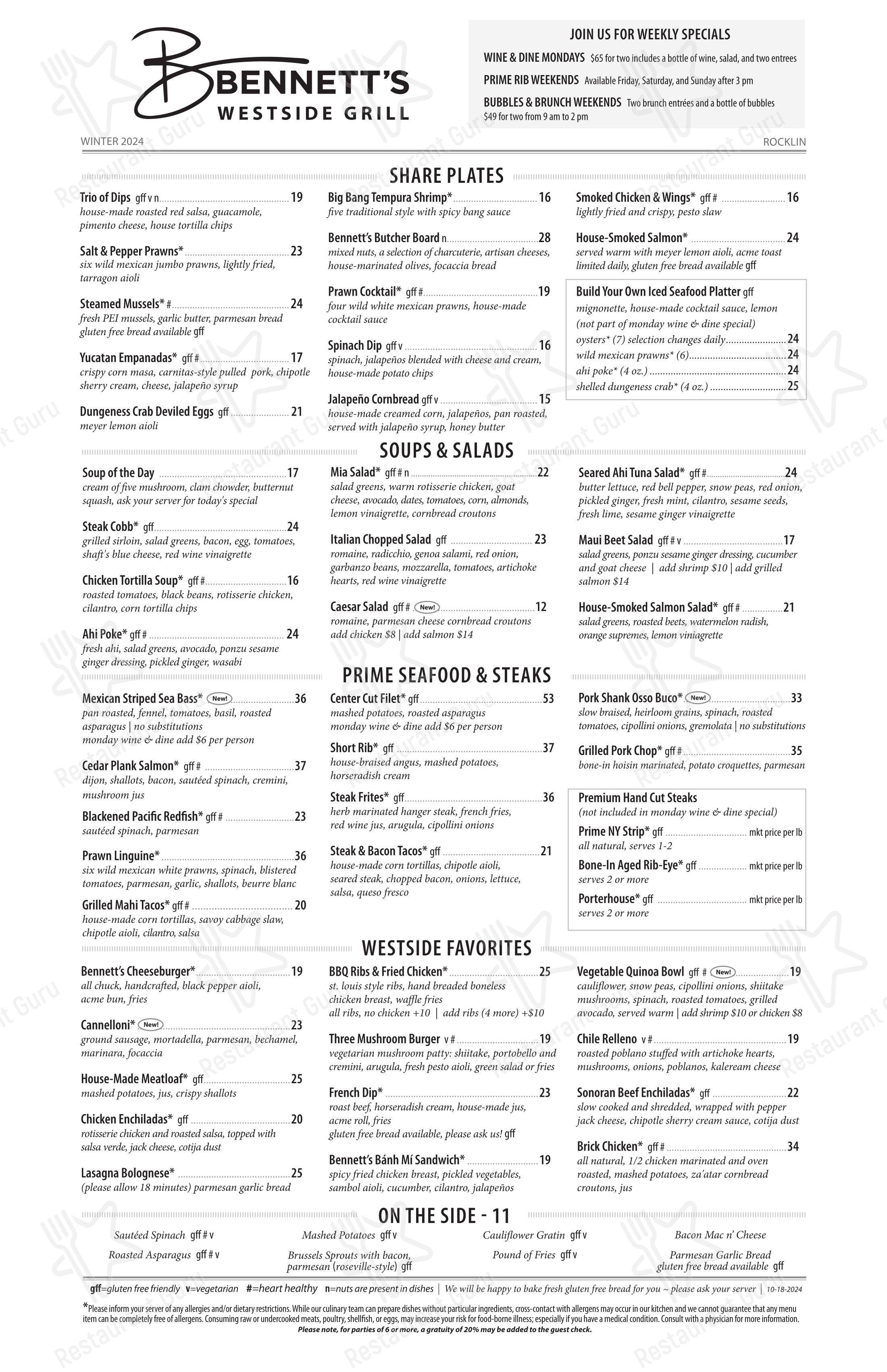 Menu at Bennett's Kitchen Bar Market, Roseville