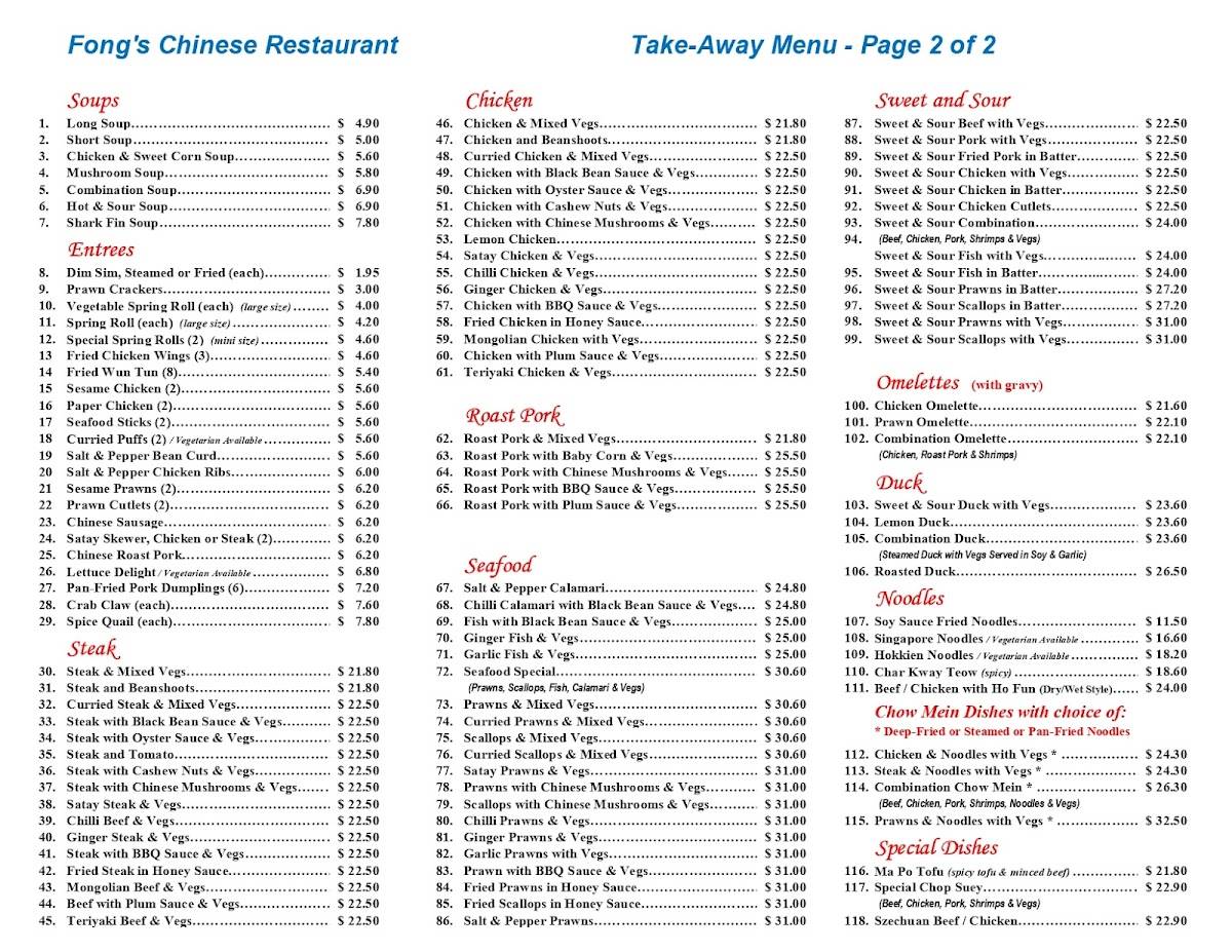 Menu at Fong's Chinese Restaurant, Bentleigh East