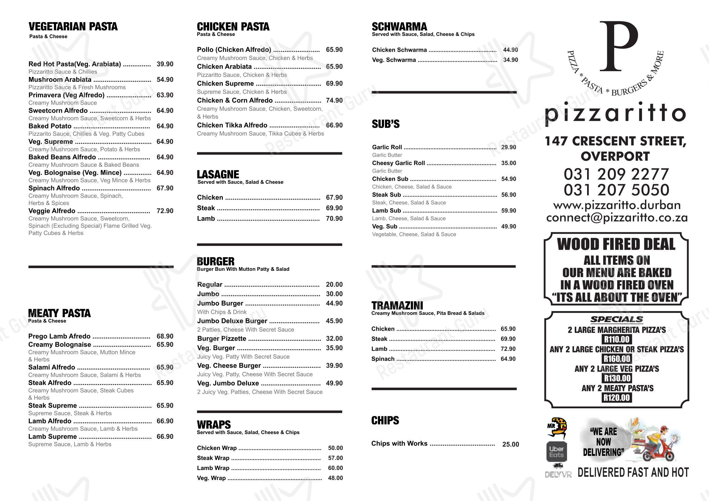 Menu at Pizzaritto Overport restaurant, Berea