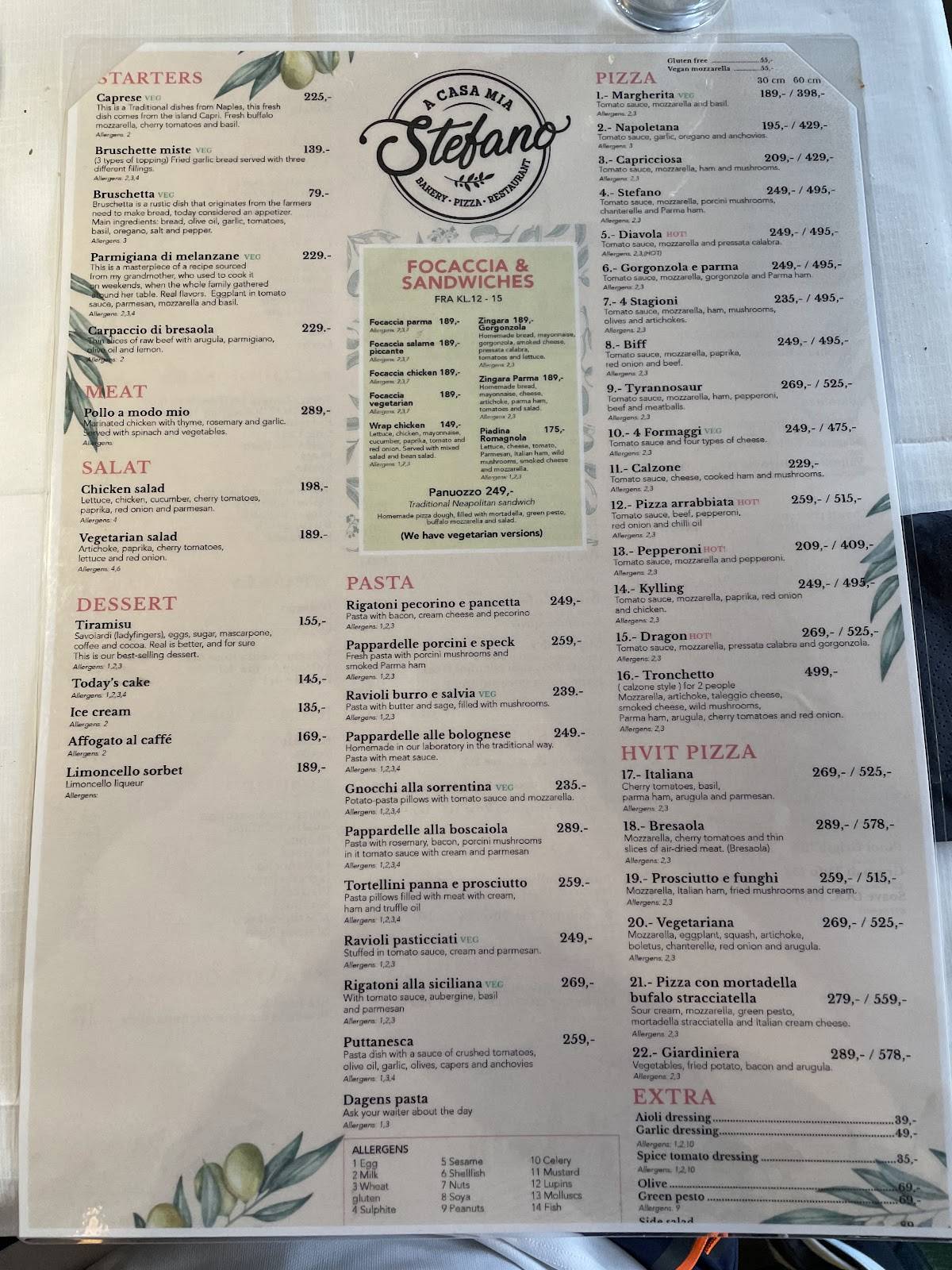 Menu at Da Stefano restaurant, Bergen, Strandgaten 96