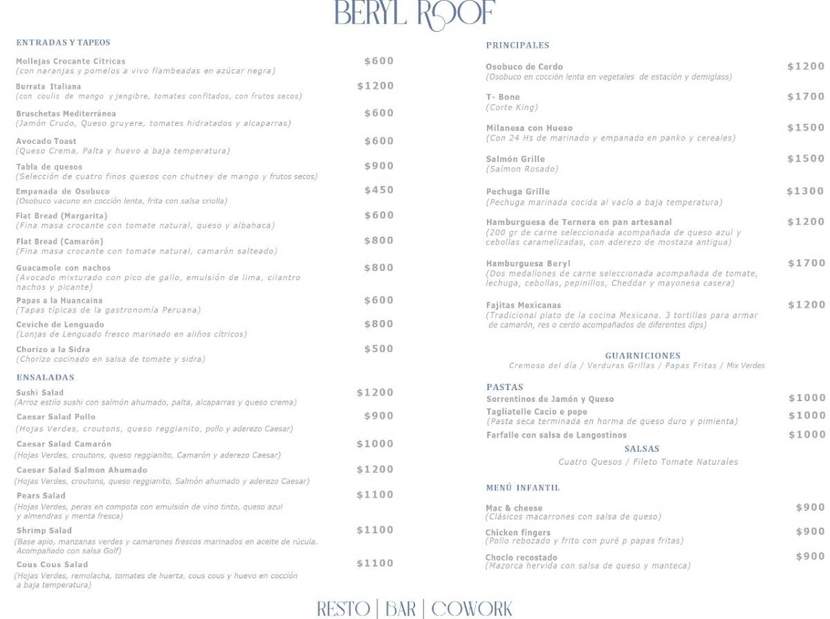 Carta del restaurante Beryl Roof, San Isidro