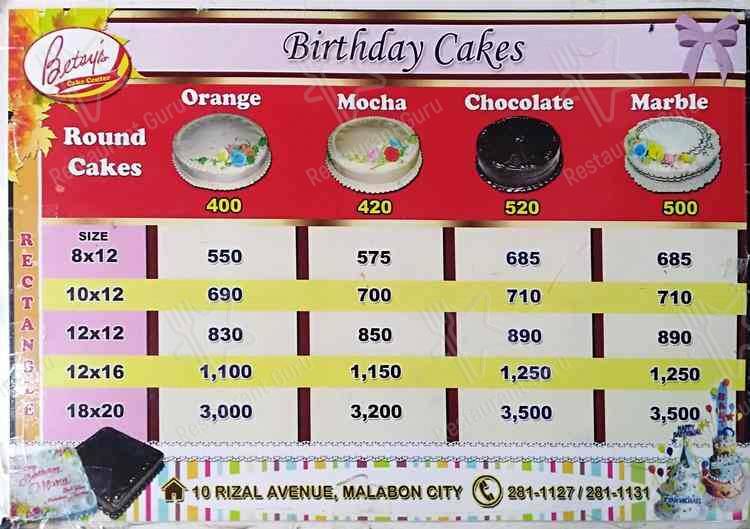 Menu at Betsy's Cake Center, Malabon