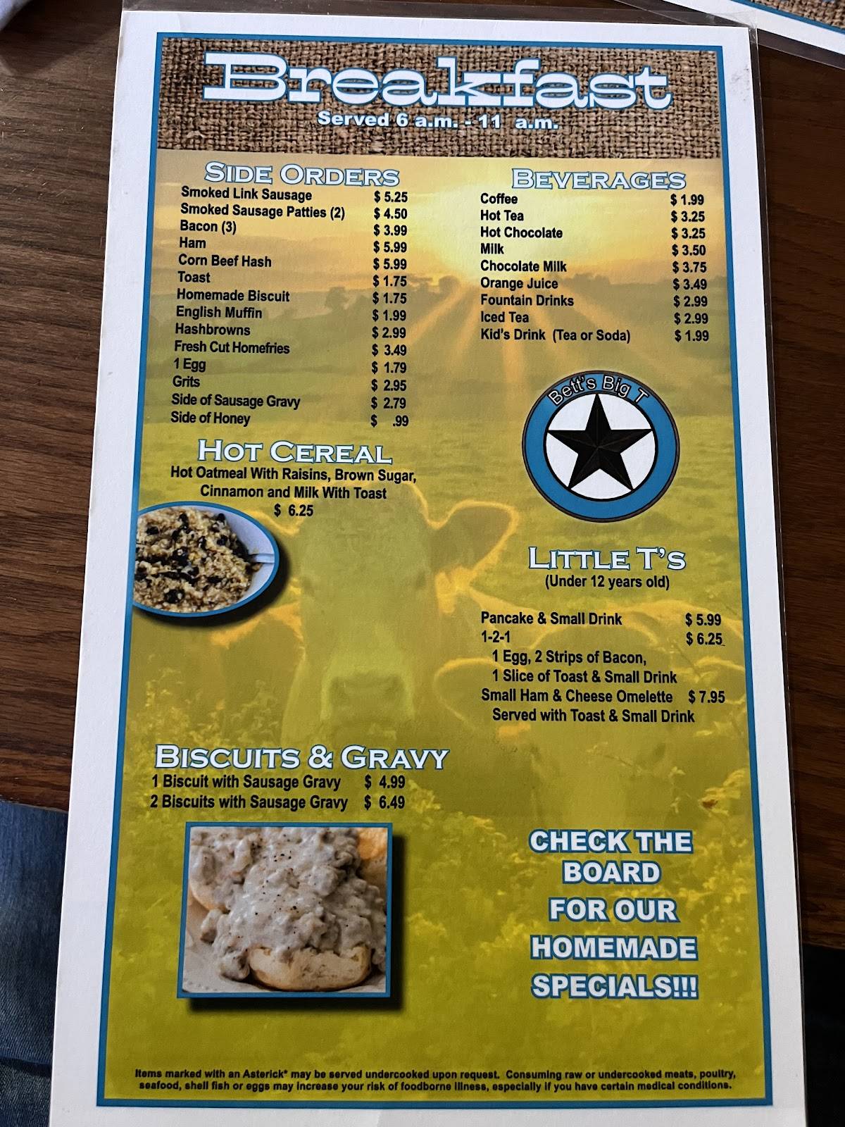 Menu at Bett's Big T Restaurant, Chiefland