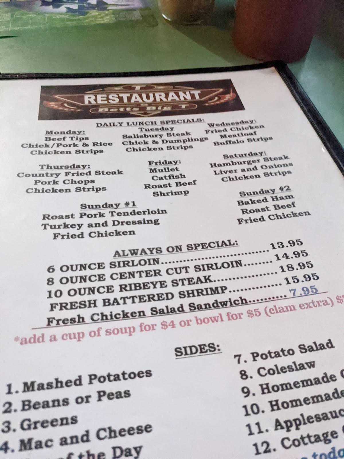 Menu at Bett's Big T Restaurant, Chiefland