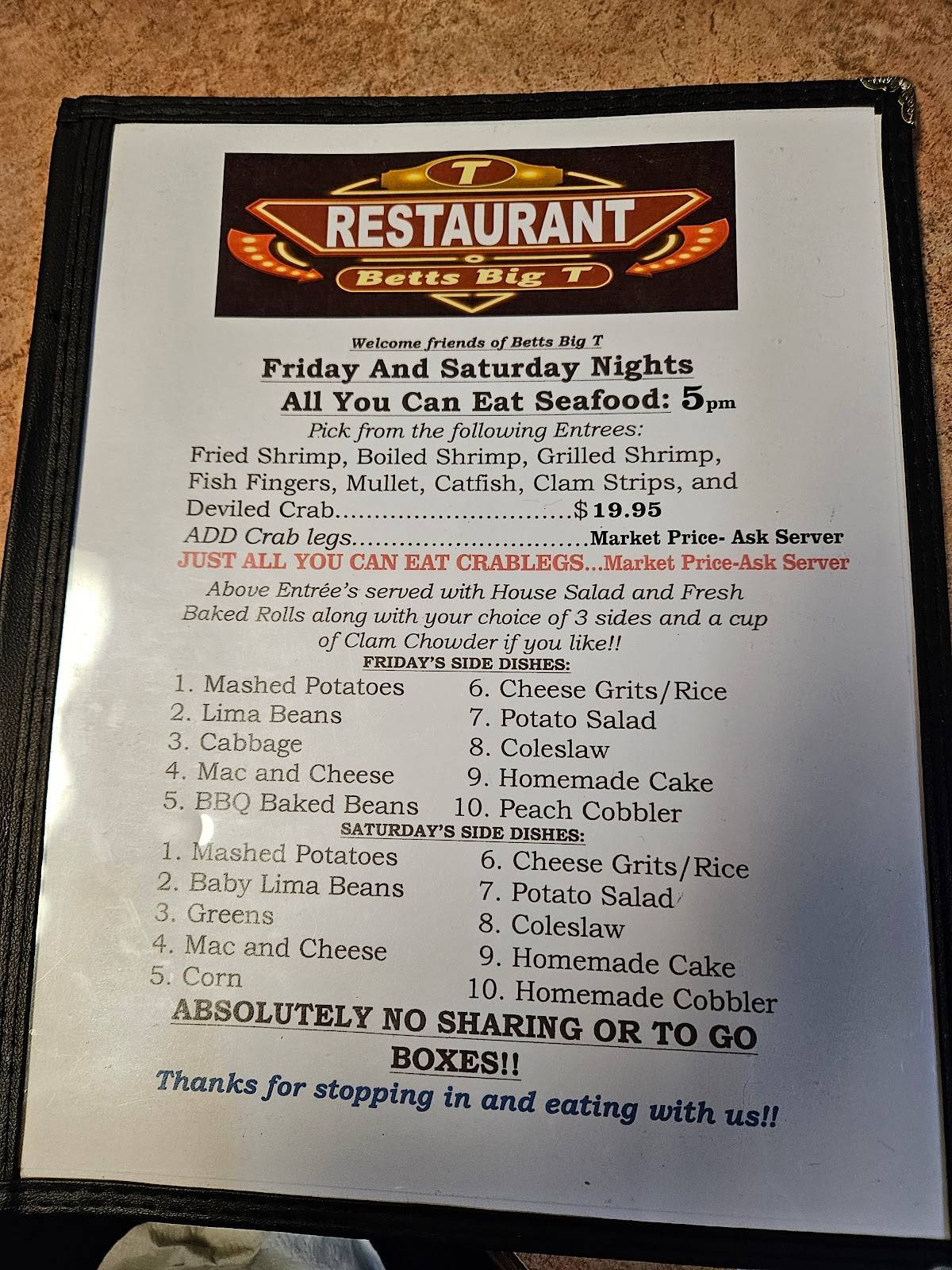 Menu at Bett's Big T Restaurant, Chiefland