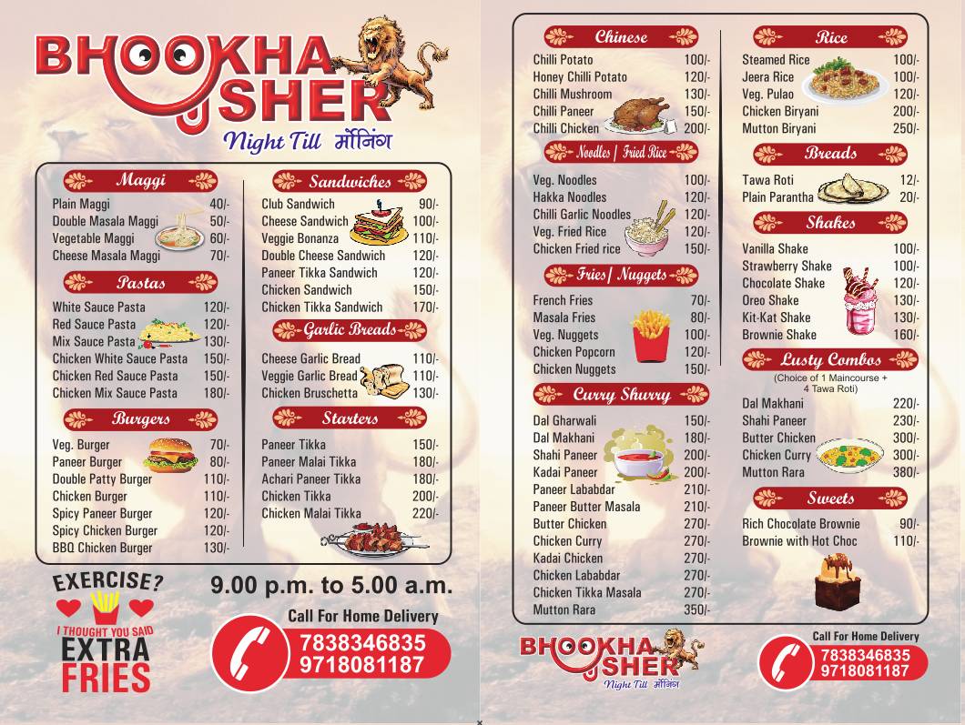 Menu at Bhookha Sher, Delhi