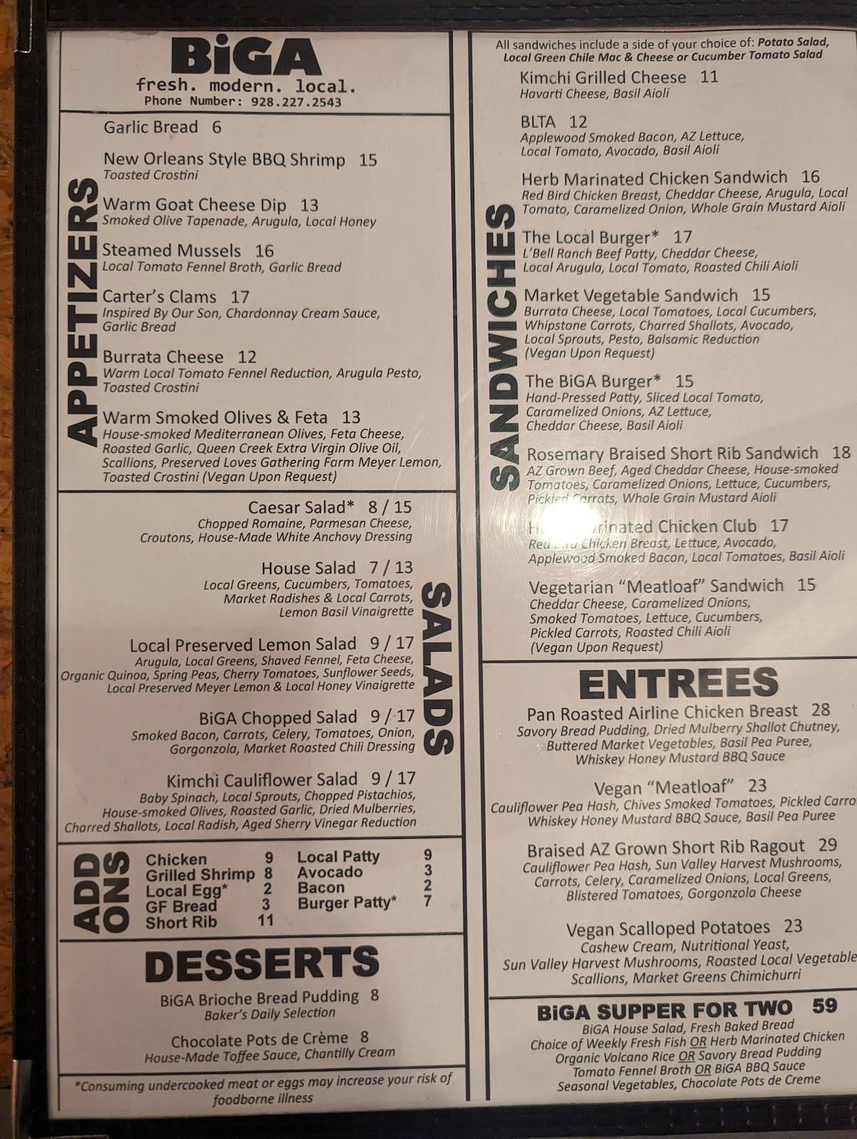 Menu at BiGA. restaurant, Prescott
