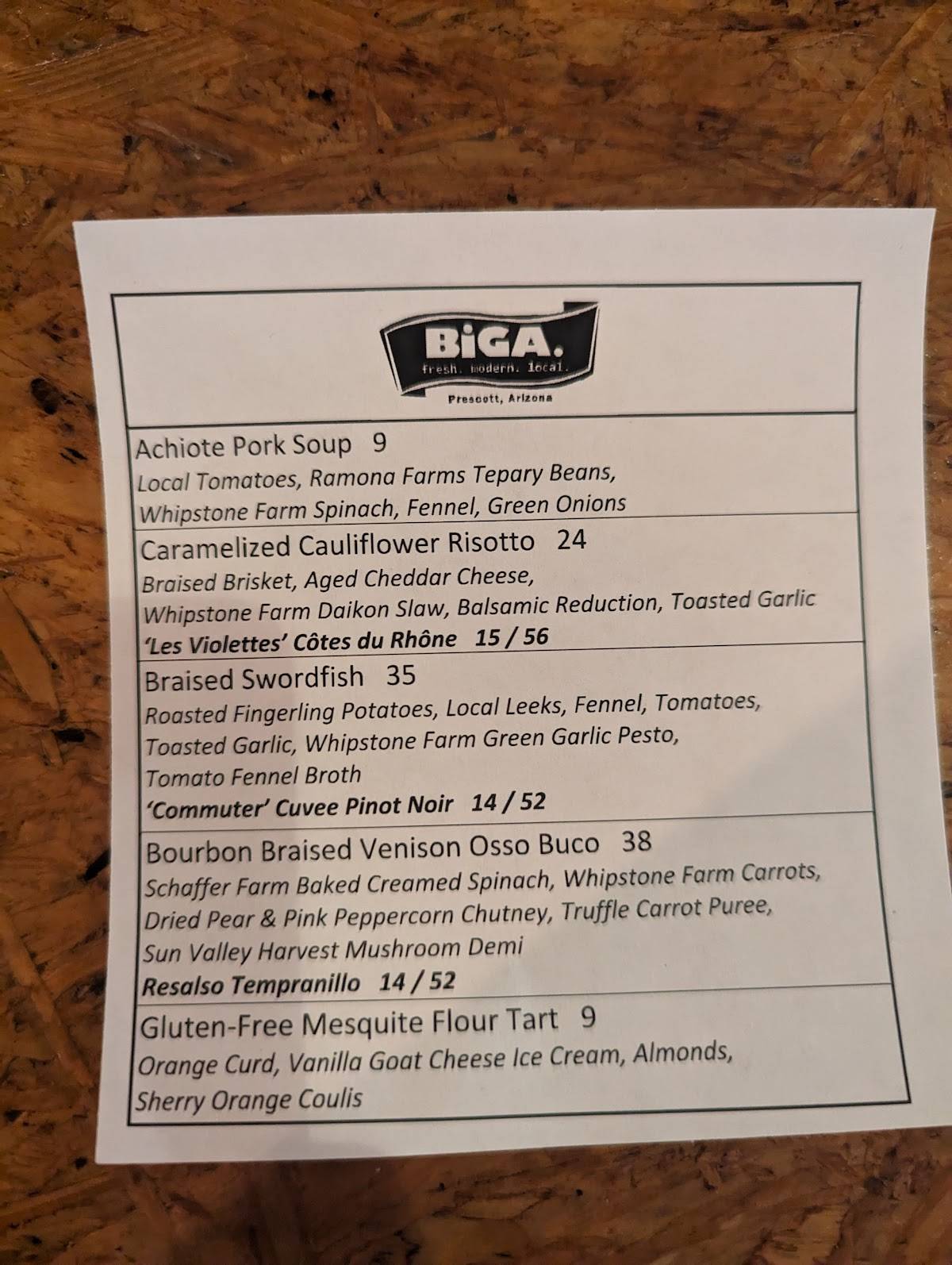 Menu at BiGA. restaurant, Prescott