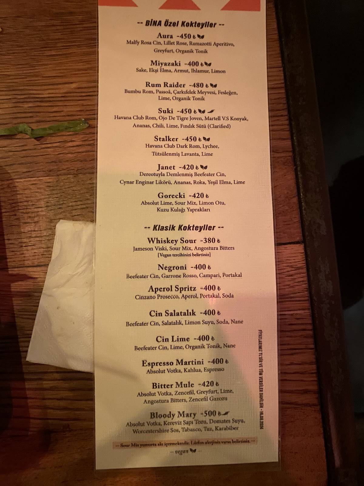 Menu at BİNA, Istanbul, Kadife Sk. No:26