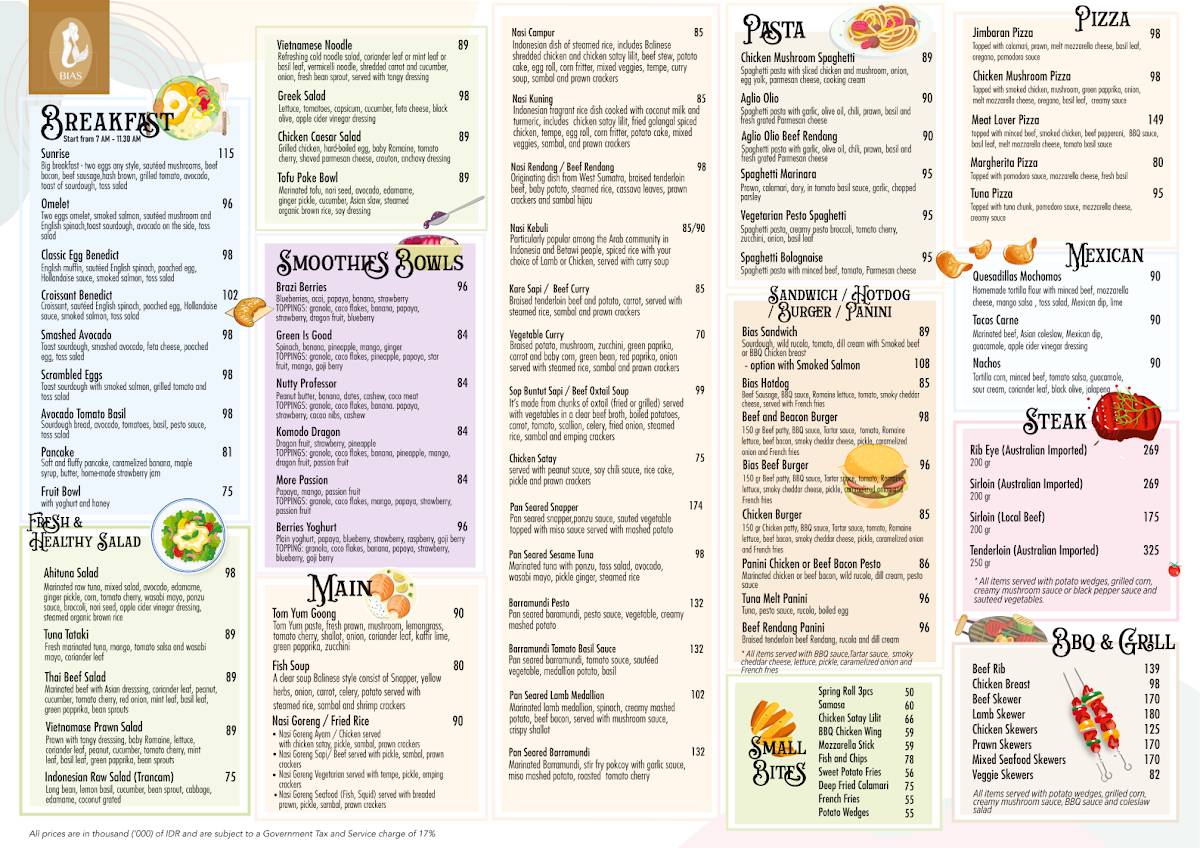Menu at Bias Courtyard Seminyak cafe, Mengwi